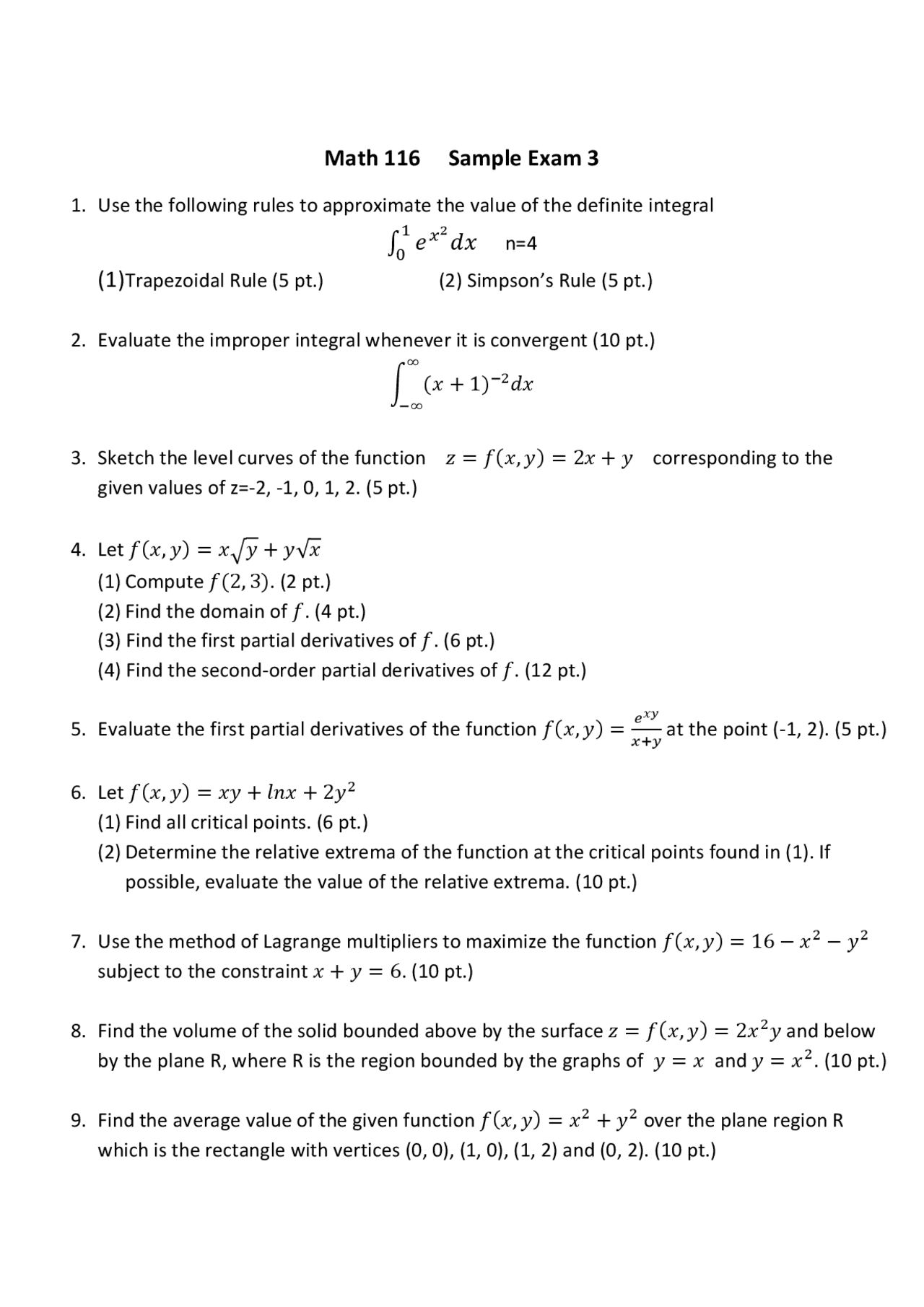9 Questions Sample Exam 3 - Calculus II | MATH 116 - Docsity