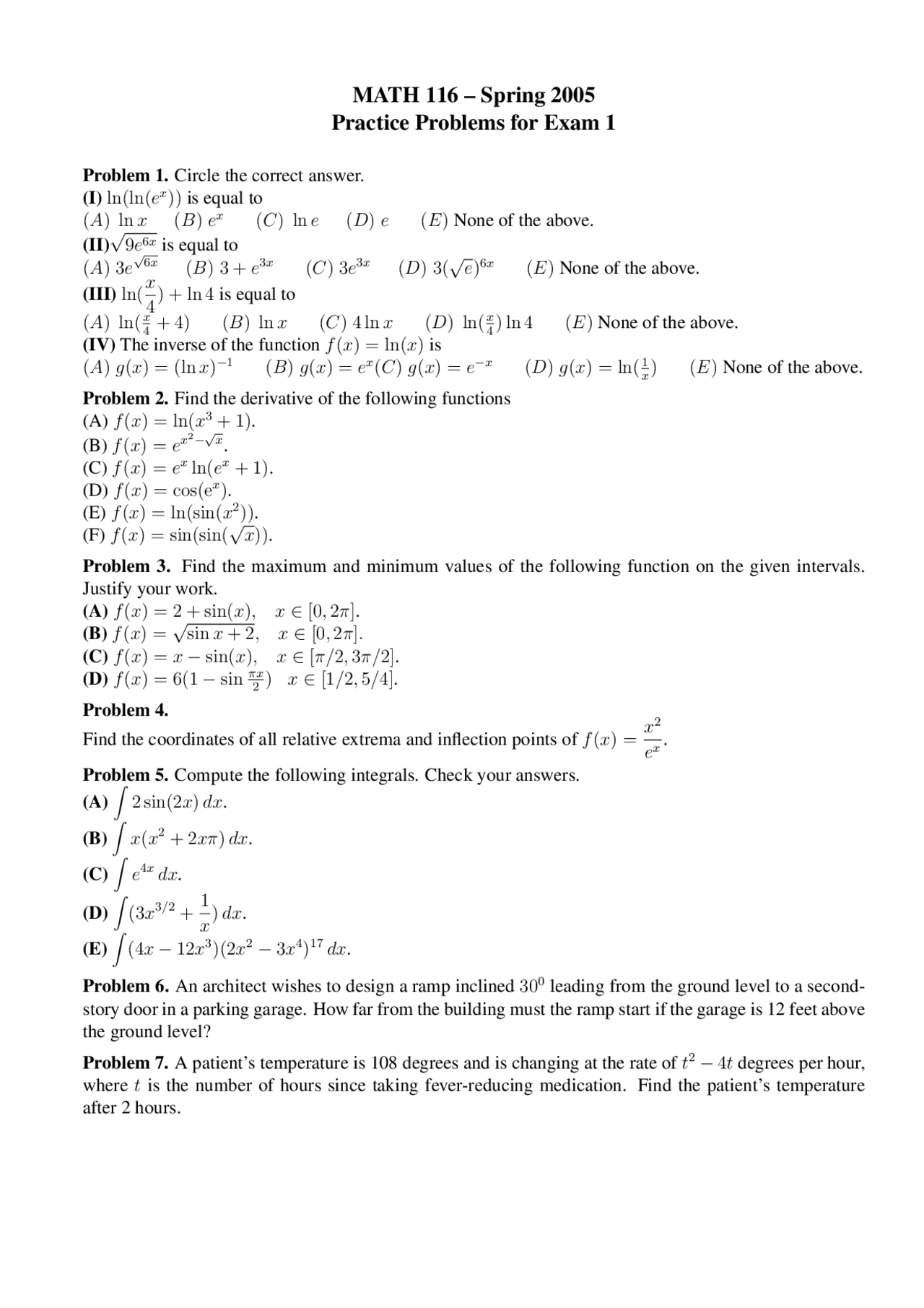 7 Practice Solved Problems on Calculus II - Examination 1 | MATH 116 - Docsity