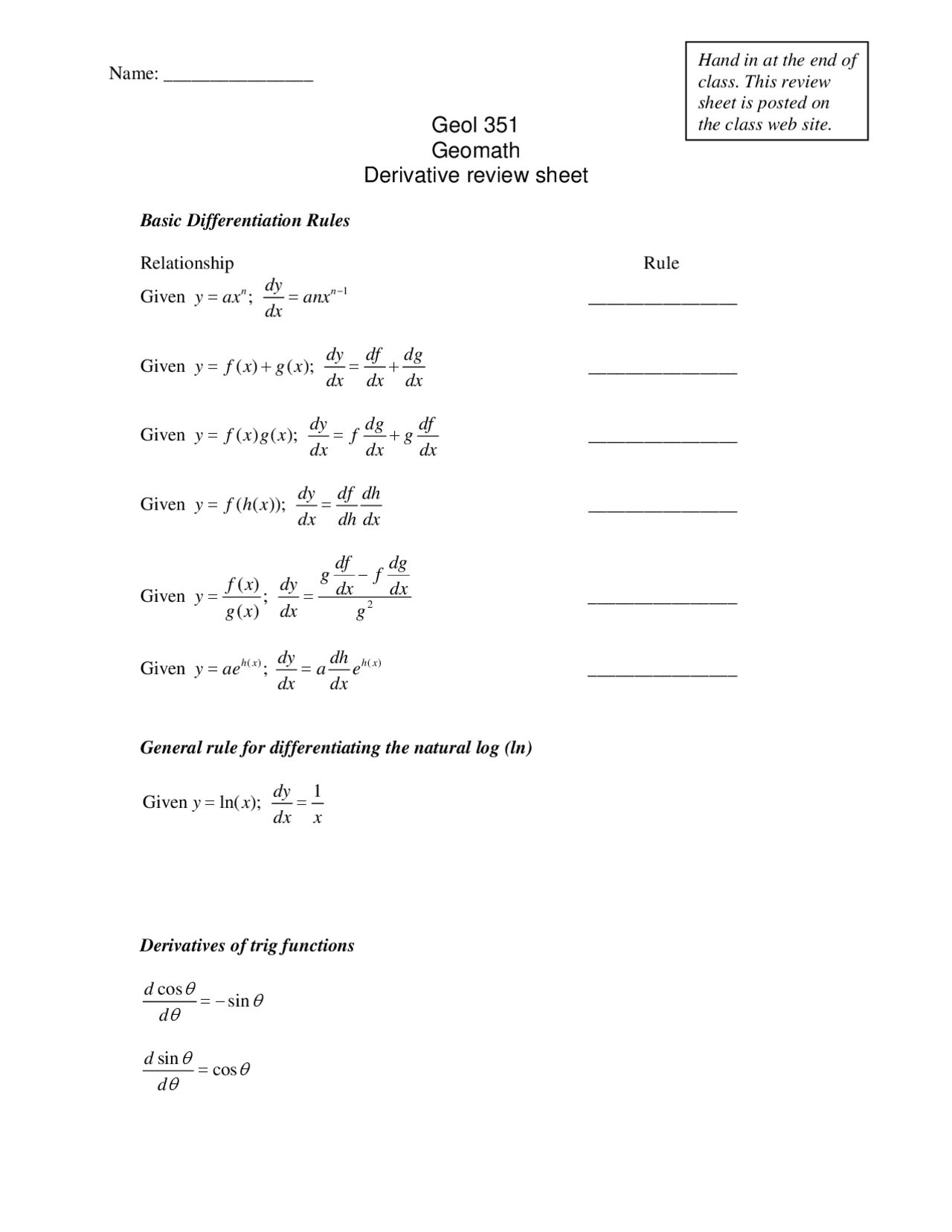 Derivative Review Sheet Geomathematics Geol 351 Docsity