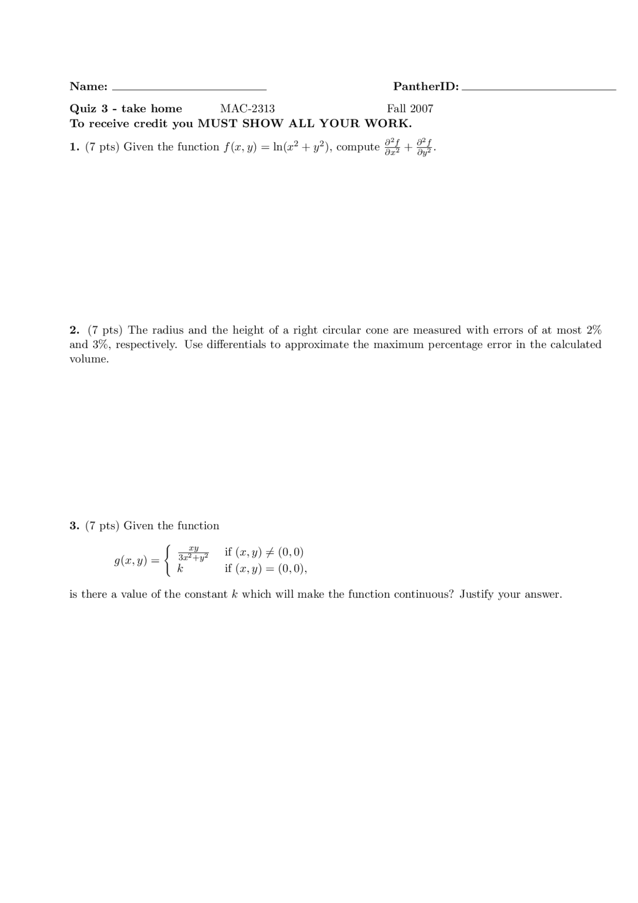 Quiz 3 For Multivariable Calculus Mac 2313 Docsity