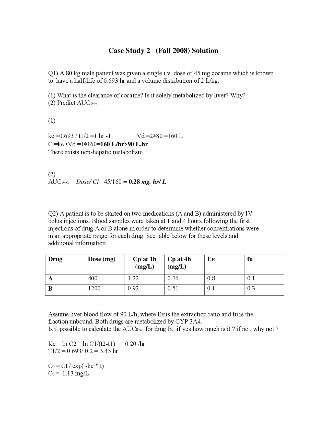 Case Study 2 Solutions for Basic Principles of Dose Optimization I | PHA 5127 - Docsity