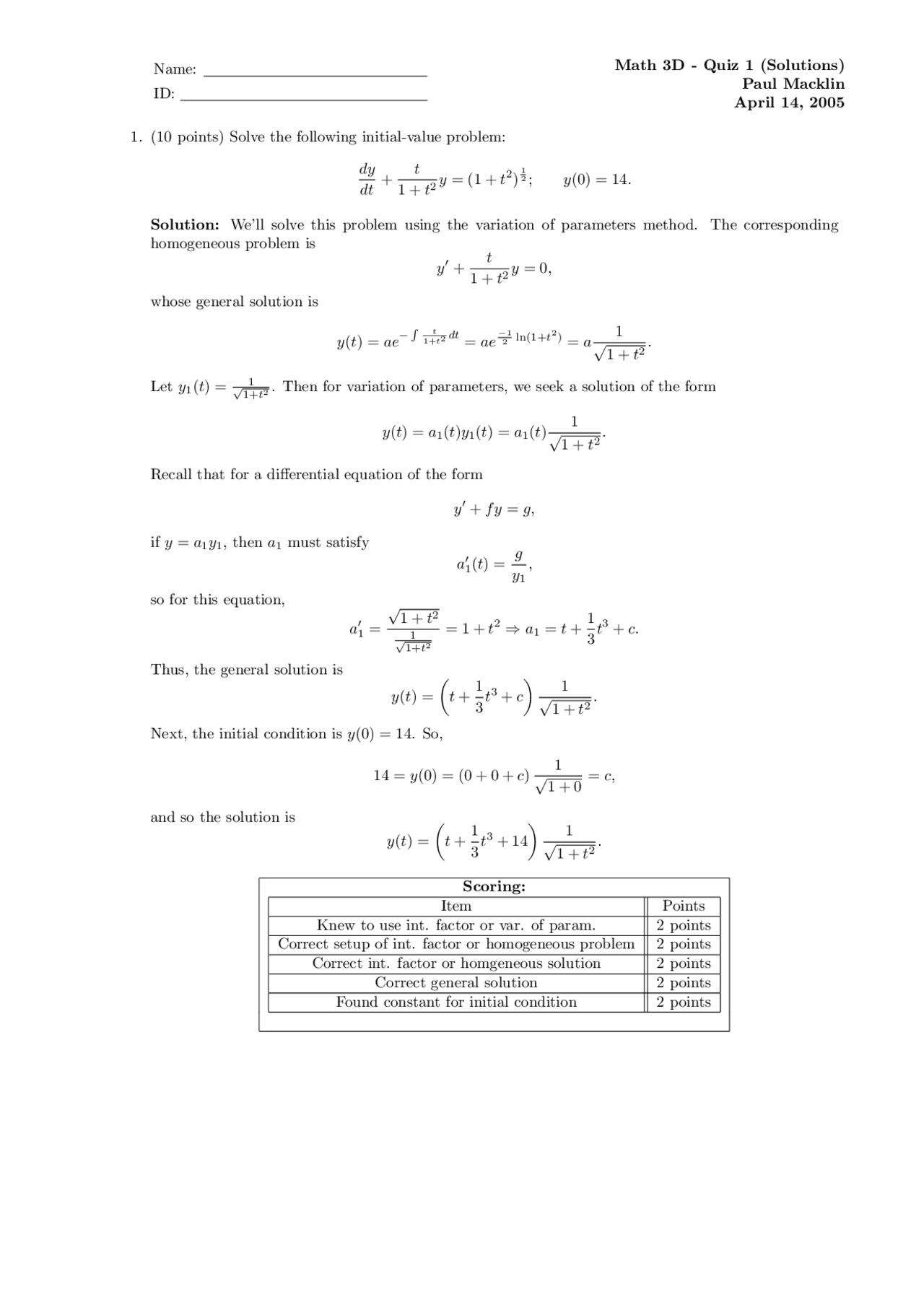 Solutions To Quiz 1 Elementary Differential Equations Math 3 Docsity