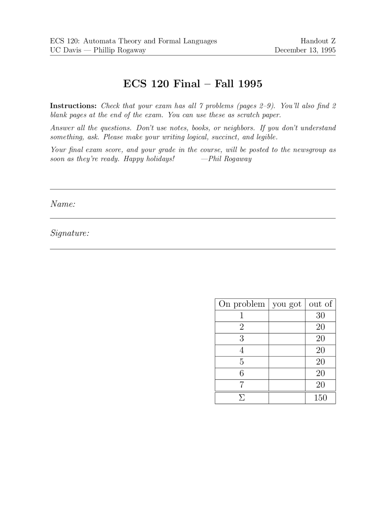 Final Exam For Theory Of Computation 1995 Ecs 120 Docsity