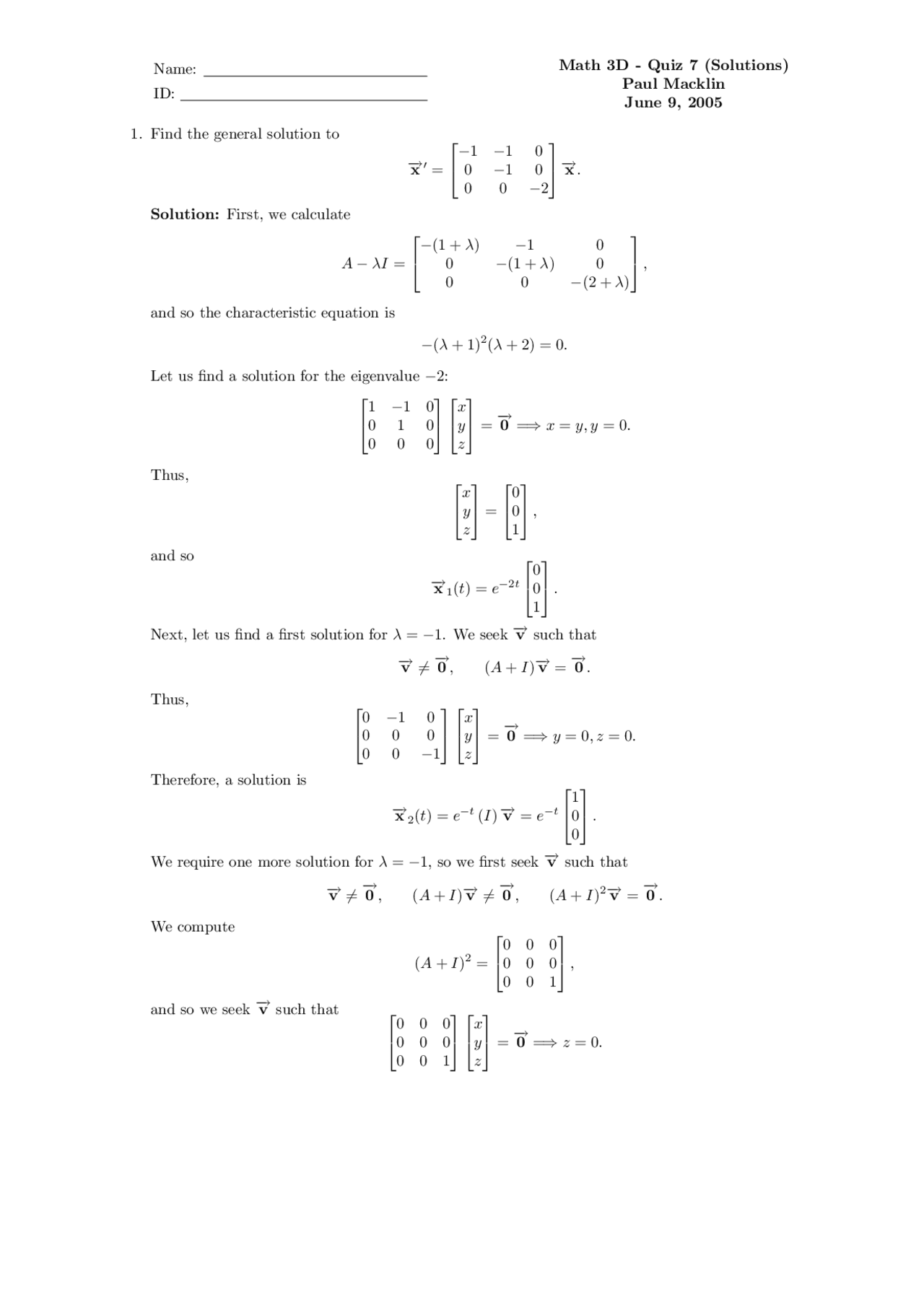 Quiz 7 With Solutions On Elementary Differential Equations Math 3