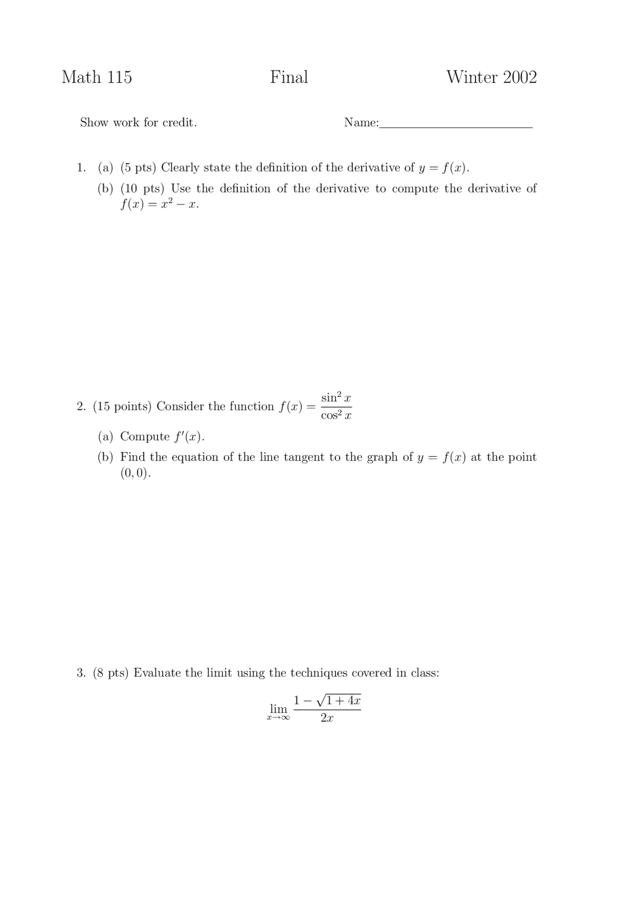 Final Exam Paper - Calculus I - 2002 | MATH 115 - Docsity