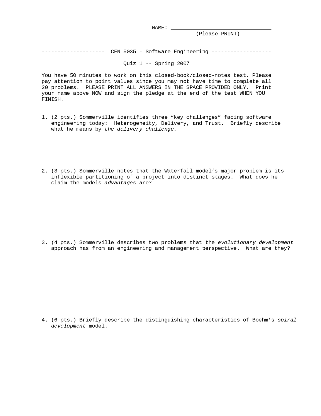 Quiz 1 Questions For Software Engineering Cen 5035 Docsity