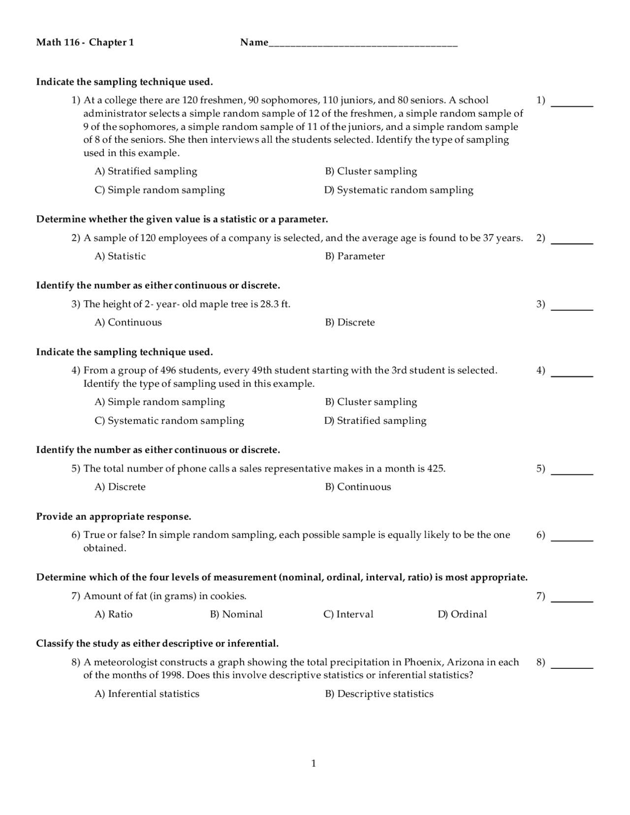 Review Sheet for Exam - Elements of Statistics | MA 116 | Study notes ...