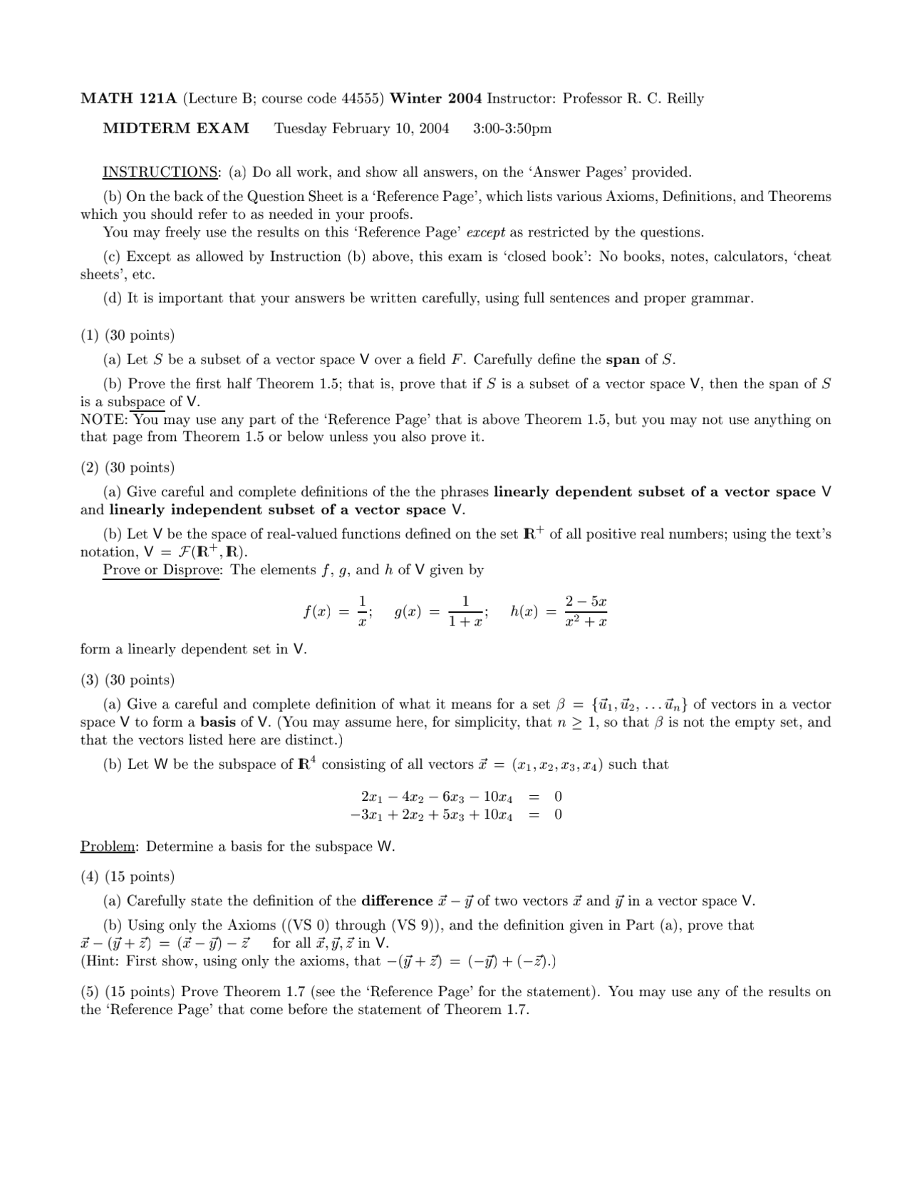 Midterm Exam for Linear Algebra - Winter 2004 | Math 121A | Exams Linear Algebra | Docsity