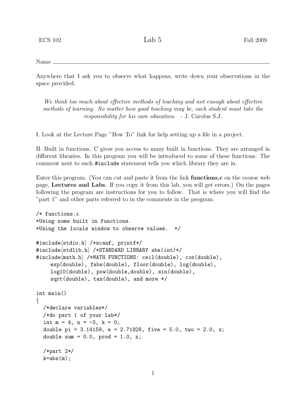 Lab 5 Questions Introduction To Computing Ecs 102 Docsity