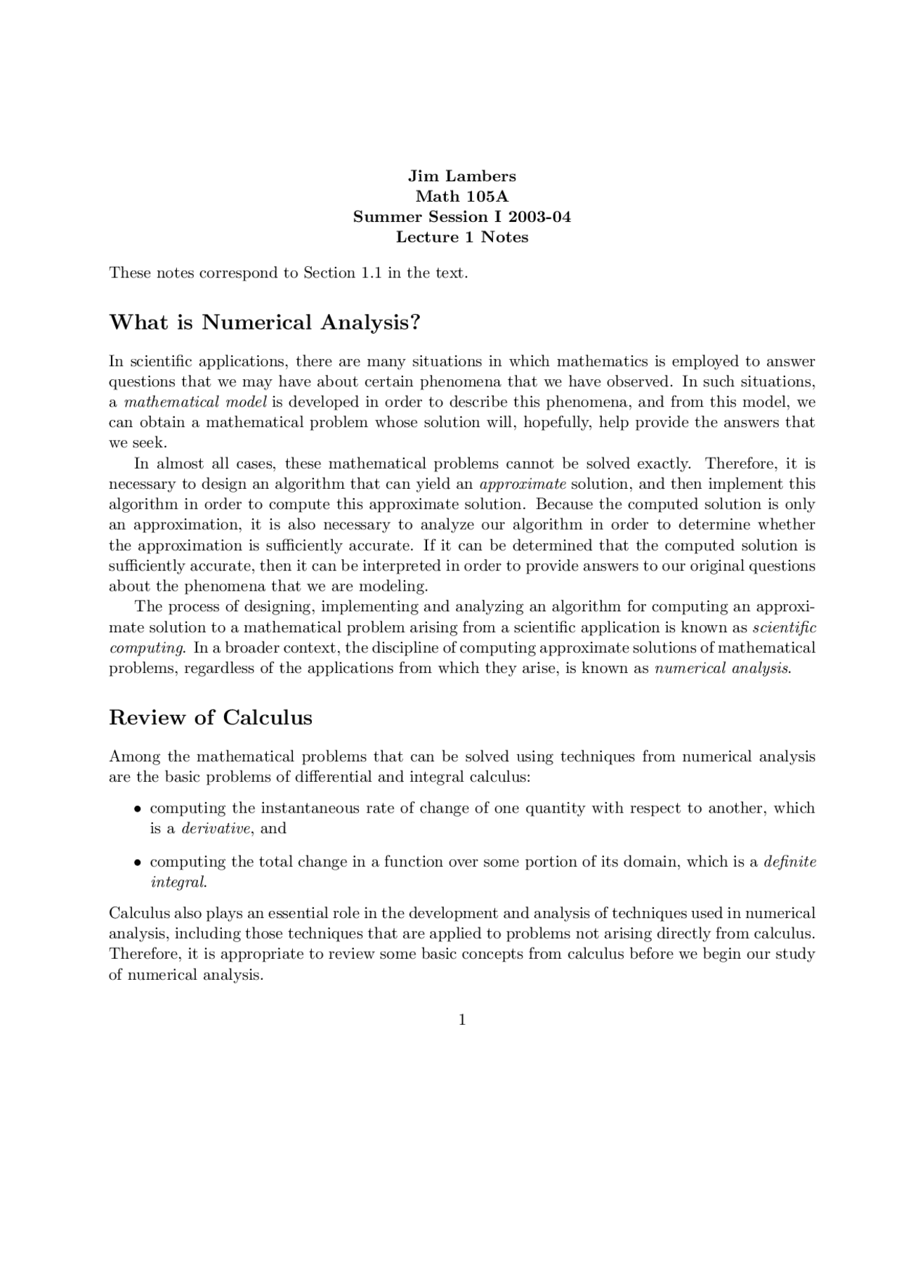 What Is Numerical Analysis Lecture Notes Math 105 Docsity