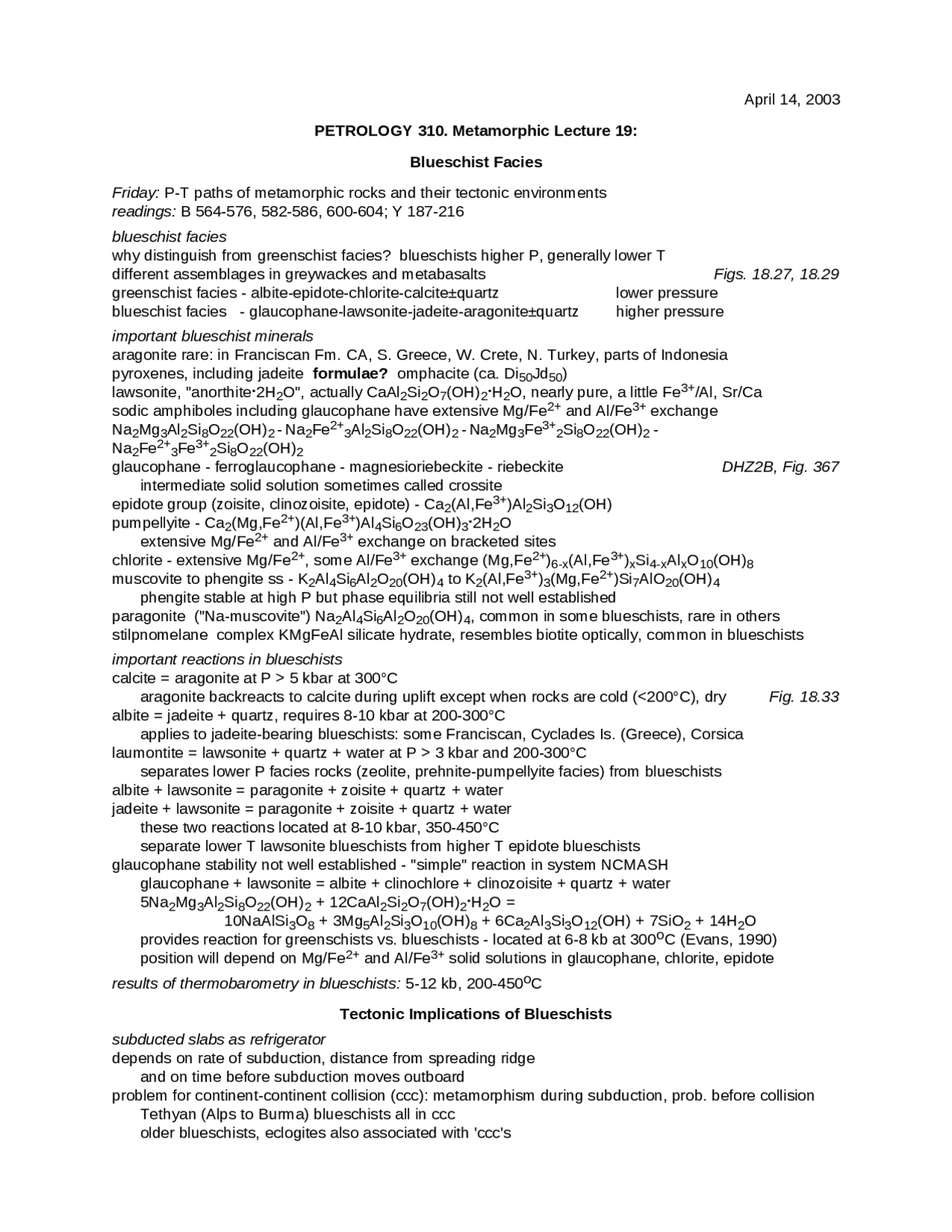 Blueschist Facies Metamorphic Lecture Notes At 300 Docsity