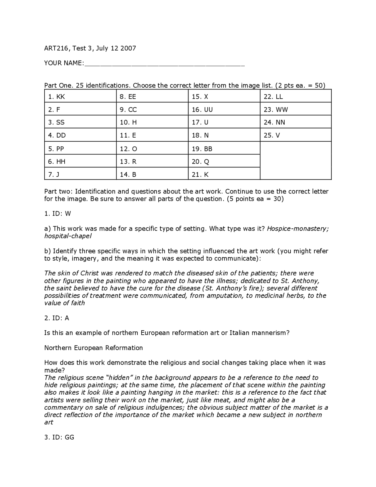 Solved Test 3 - Art History Survey Renaissance to Contemporary | ART ...