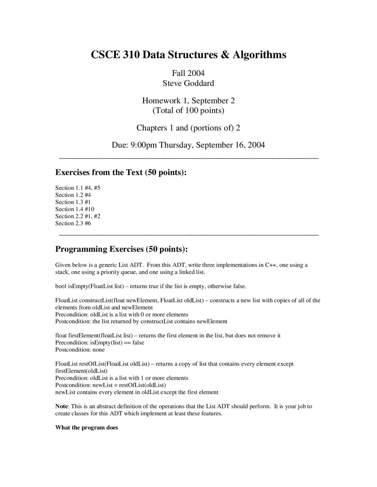 Homework 1 Exercises On Data Structures And Algorithms Csce 310 Assignments Algorithms And
