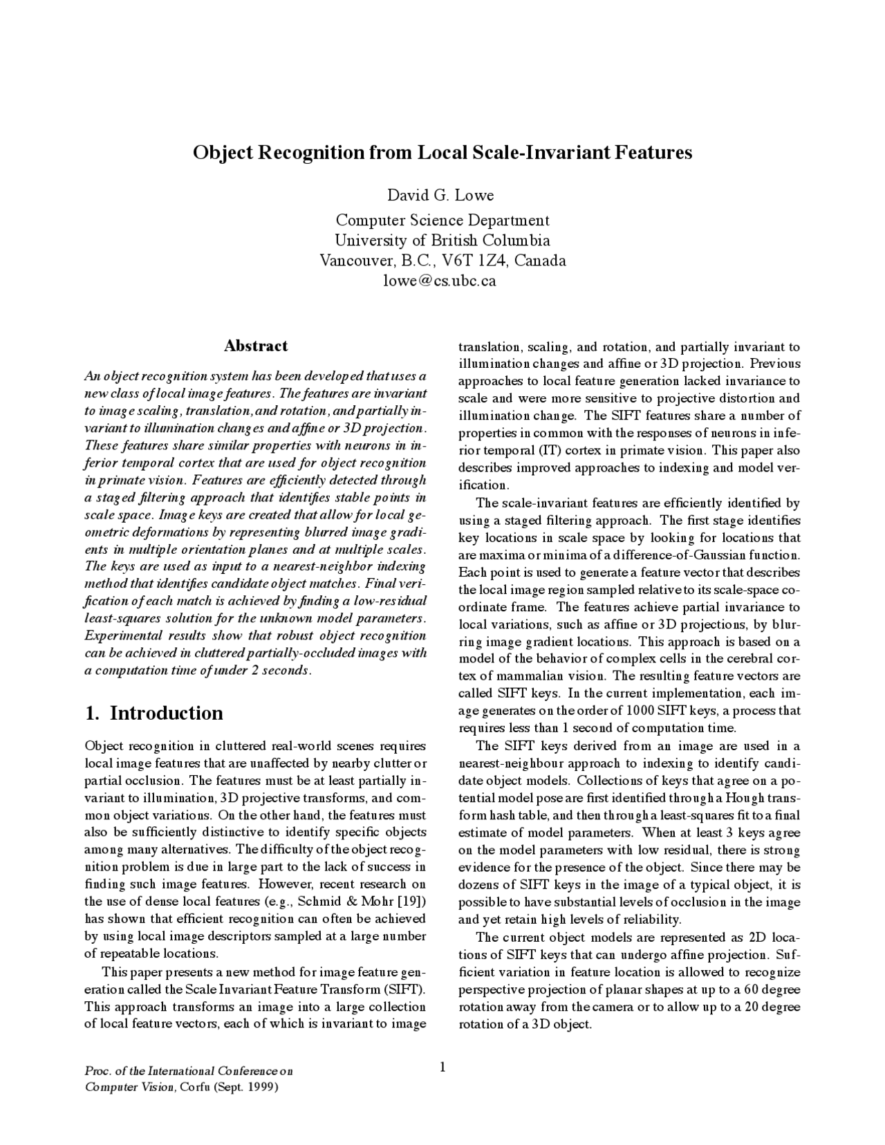 Object Recognition From Local Scale Invariant Features Handout Eecs 841 Docsity 