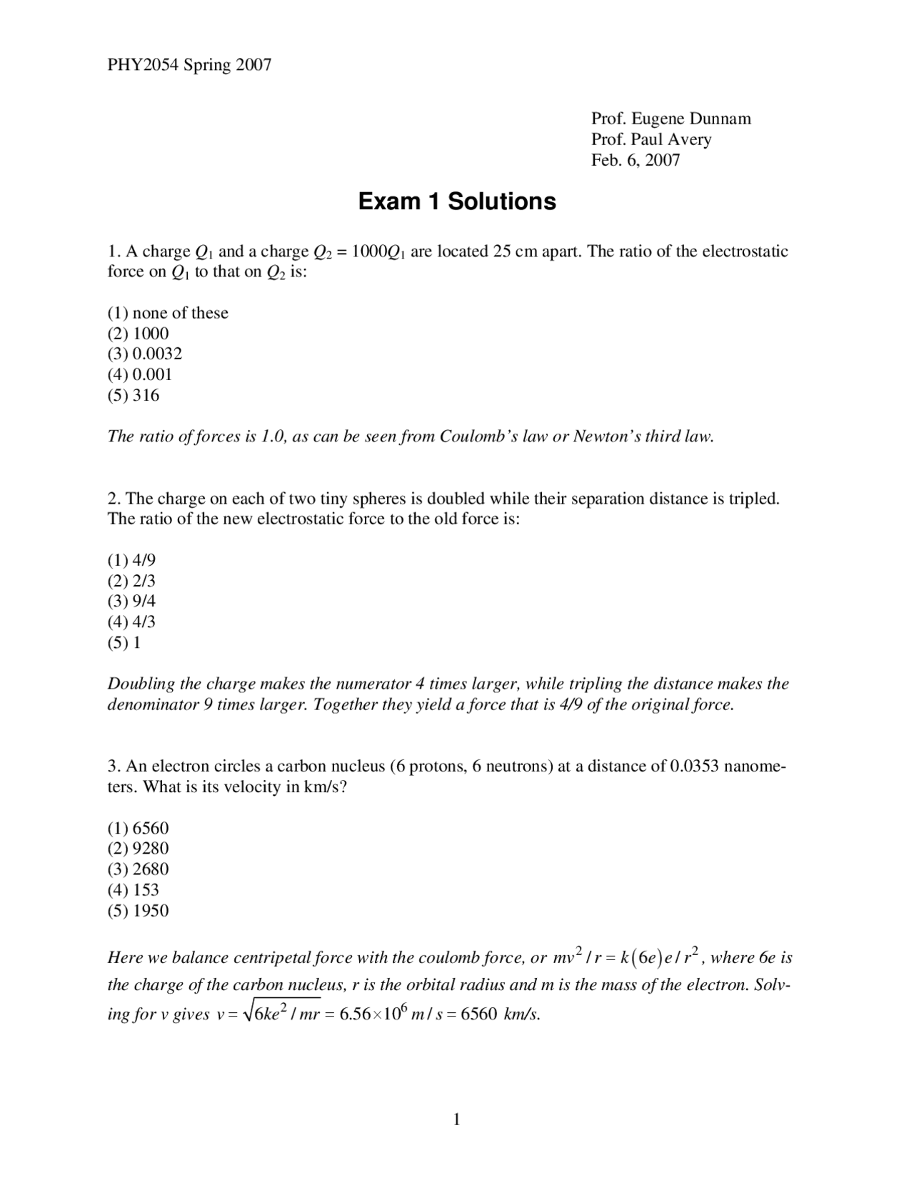 Physics Exam 1 With 20 Mcqs And Explained Solutions Phy 2054 Docsity