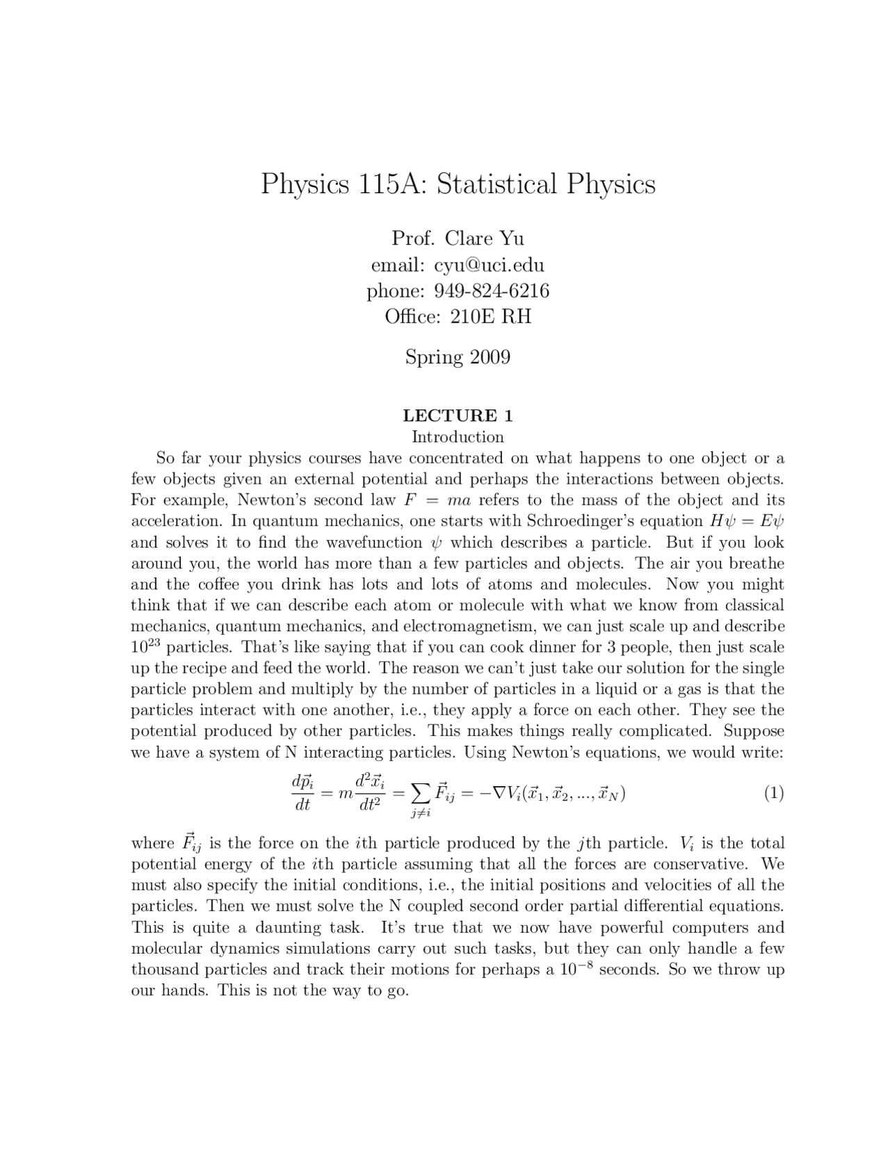 Statistical Physics: Introduction to Interacting Particles and ...