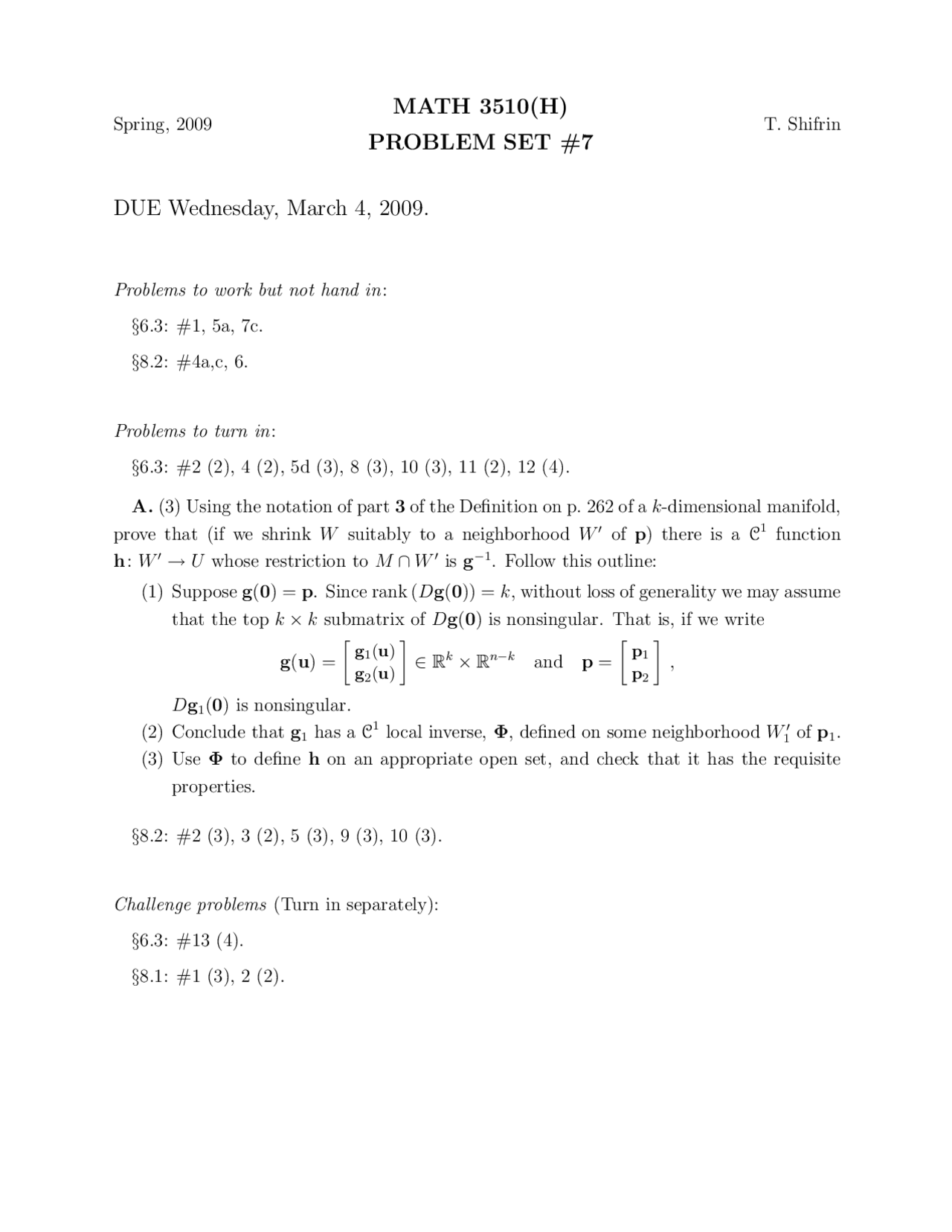 Multivariable Mathematics Ii Problem Set 7 Questions Math 3510