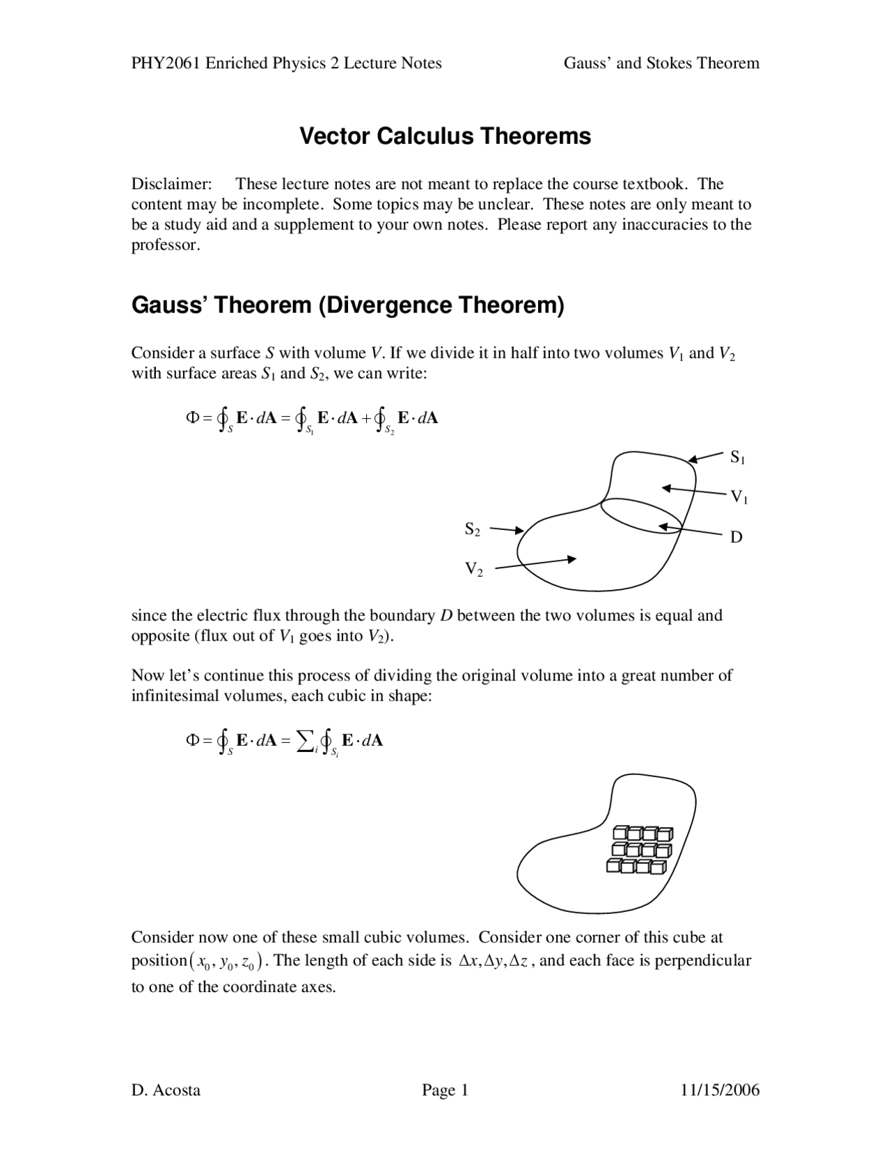 Vector Calculus Theorems – Enriched Physics 2 - Notes | PHY 2061 - Docsity