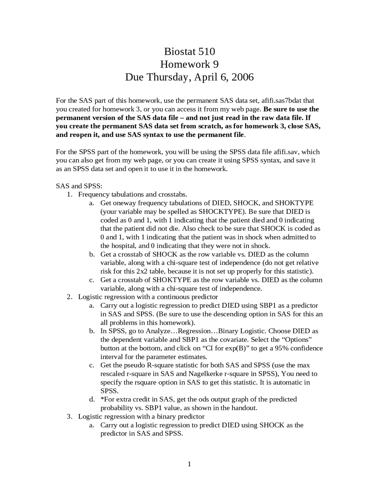 Homework 9 Questions Statistical Computer Biostat 510 Docsity