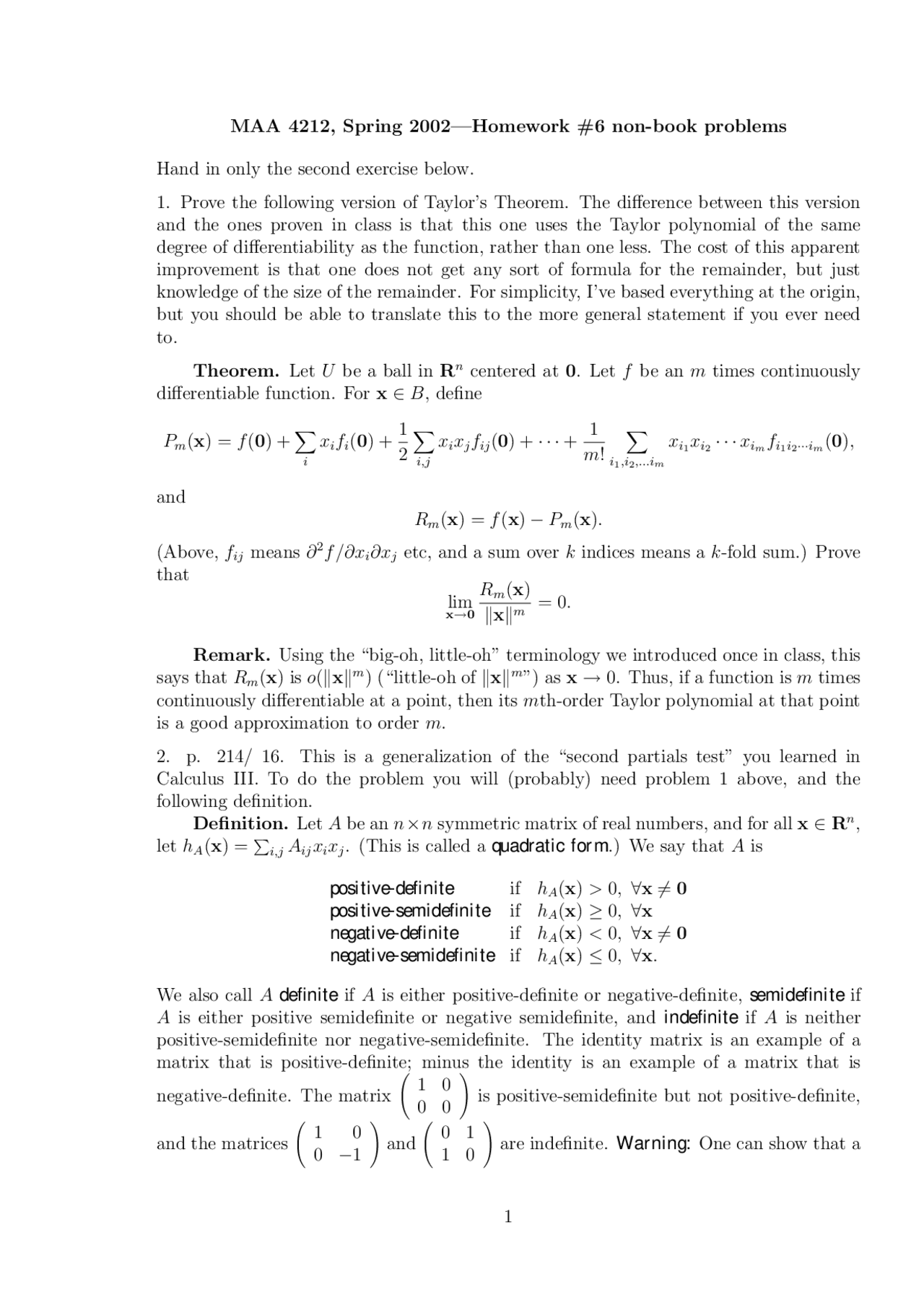 Assignment 6 - Advanced Calculus II | MAA 4212 - Docsity