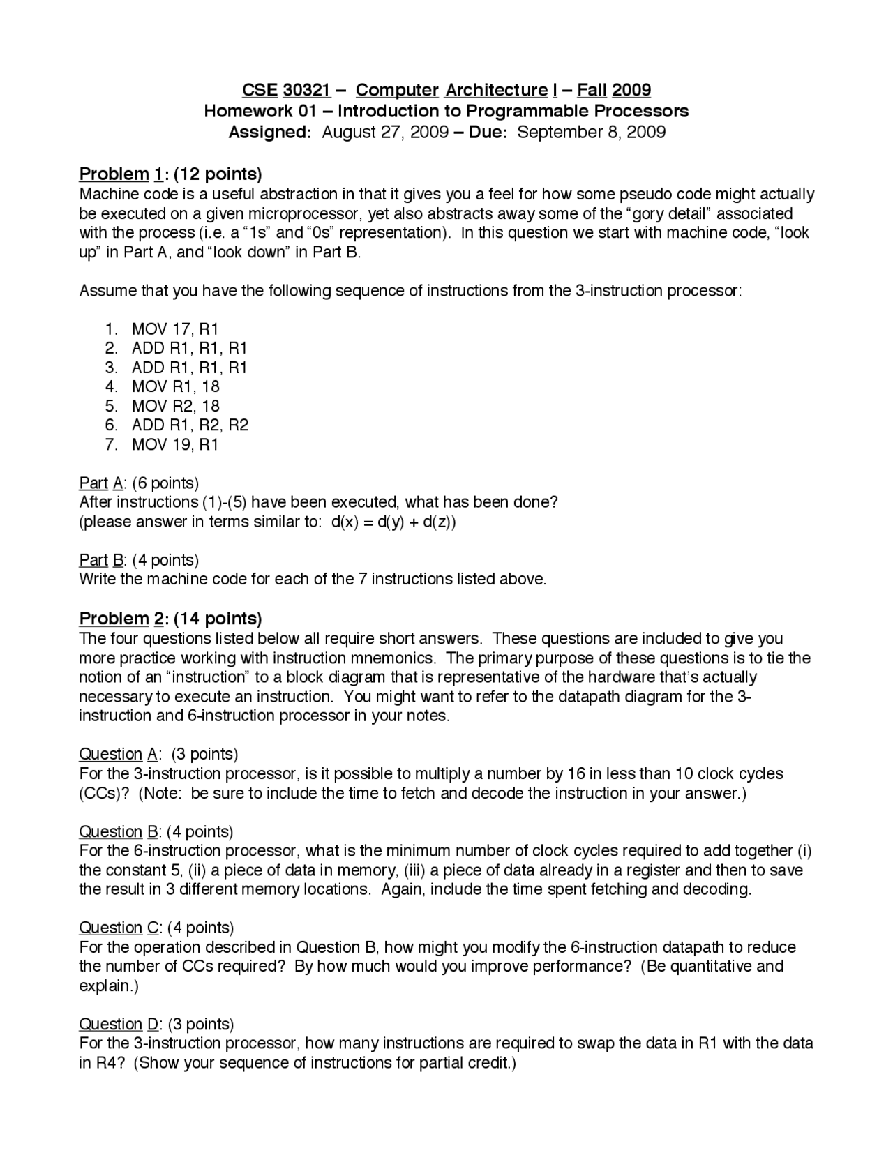 Homework 1 Problems Computer Architecture I Cse 30321 Docsity