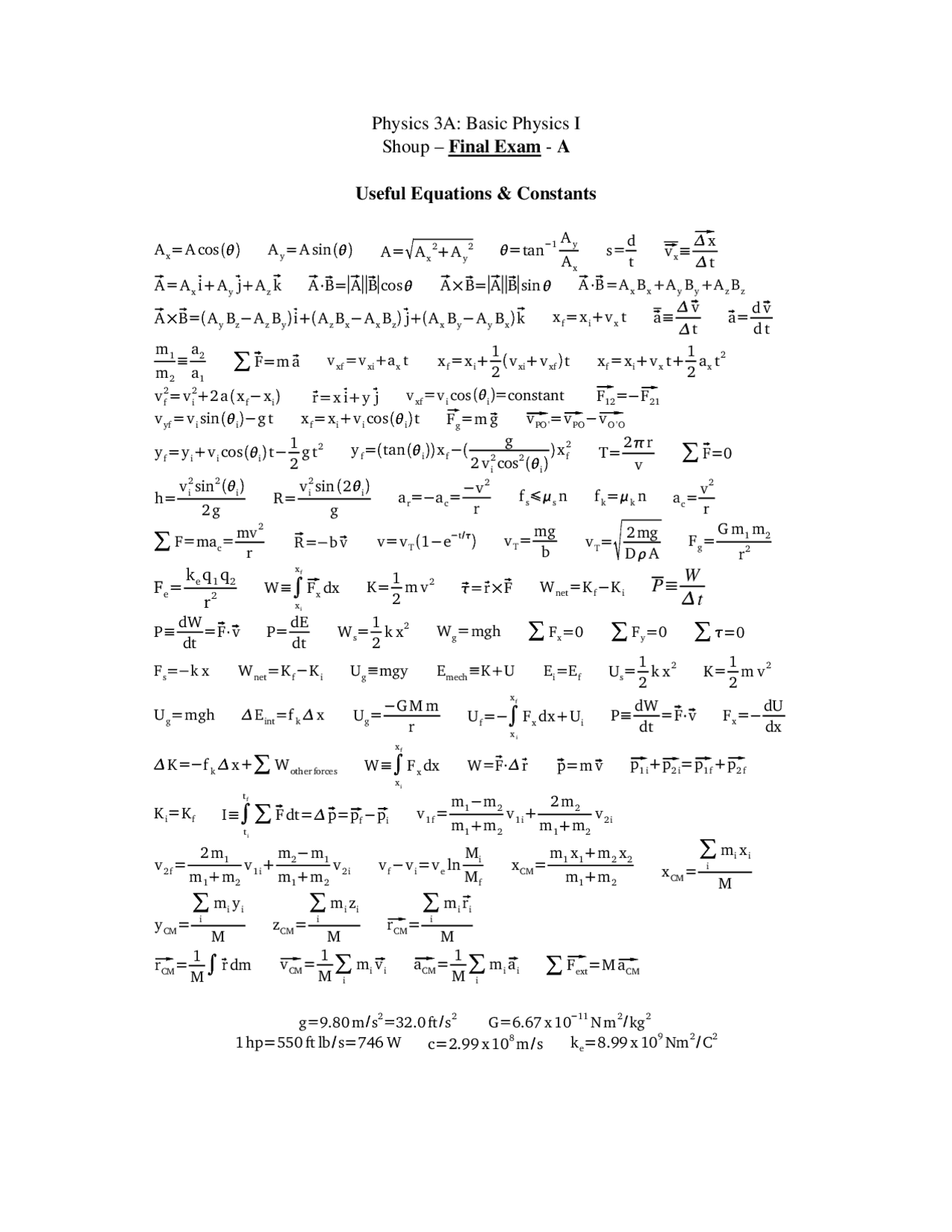 Final Exam A with Answers and Formula Sheet | Basic Physics | Physics 3 ...