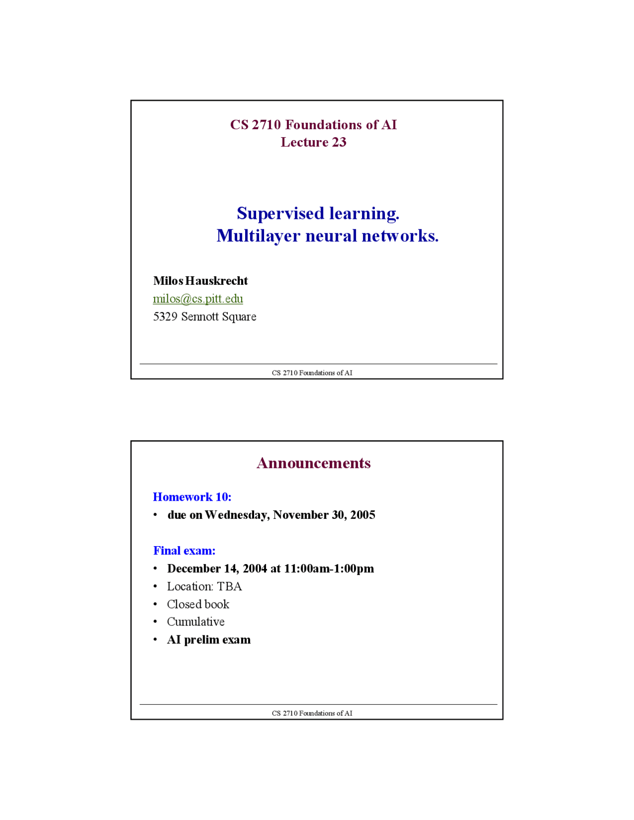 Supervised Learning Multilayer Neural Networks Slides Cs 2710 Docsity