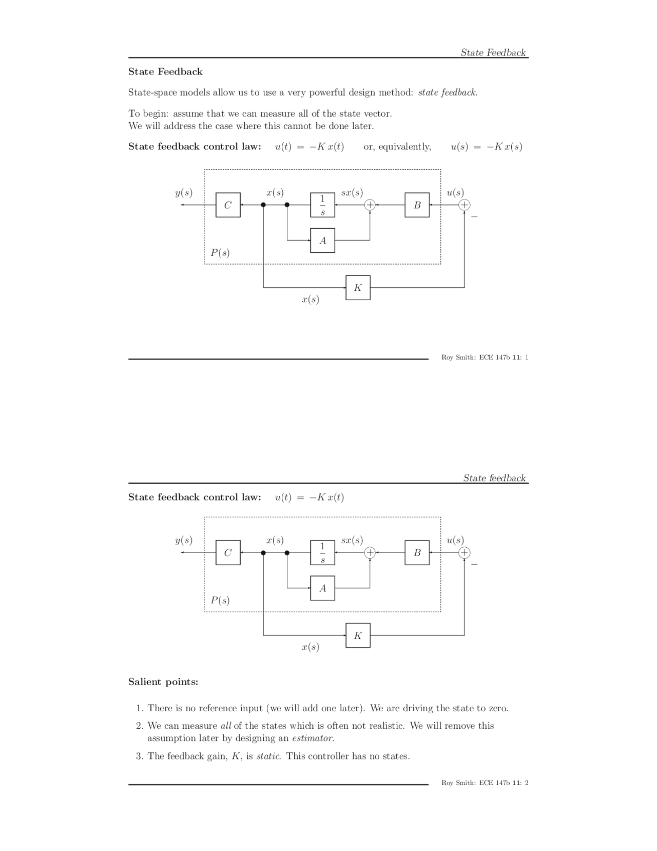 State Feedback Lecture Notes Digital Control Ece 147b Docsity