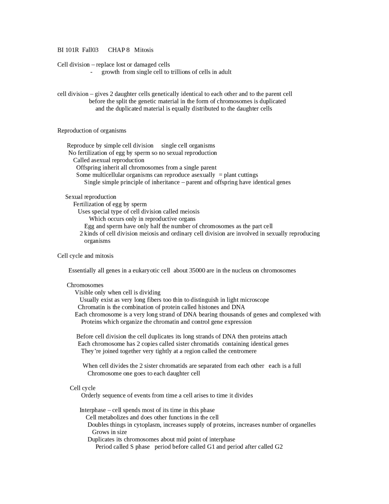 Mitosis And Cell Cycle Lecture Notes Bi 101 Docsity