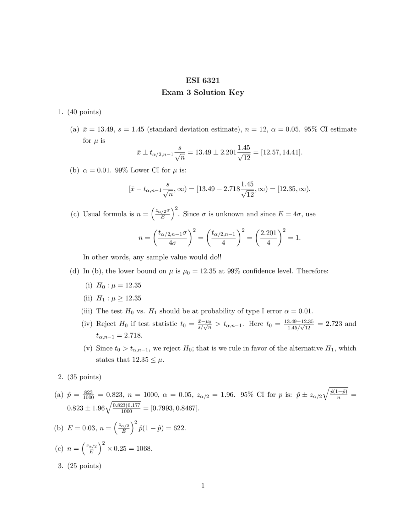 Statistical Inference Exam 3 Solution Key | Exams Engineering | Docsity