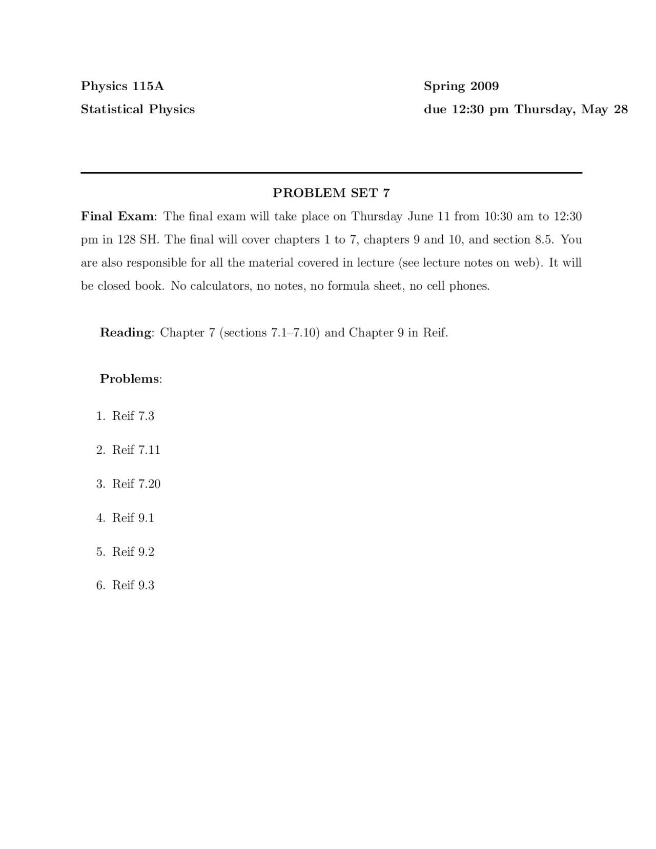 Assignment 7 For Statistical Physics Physics 115a Docsity