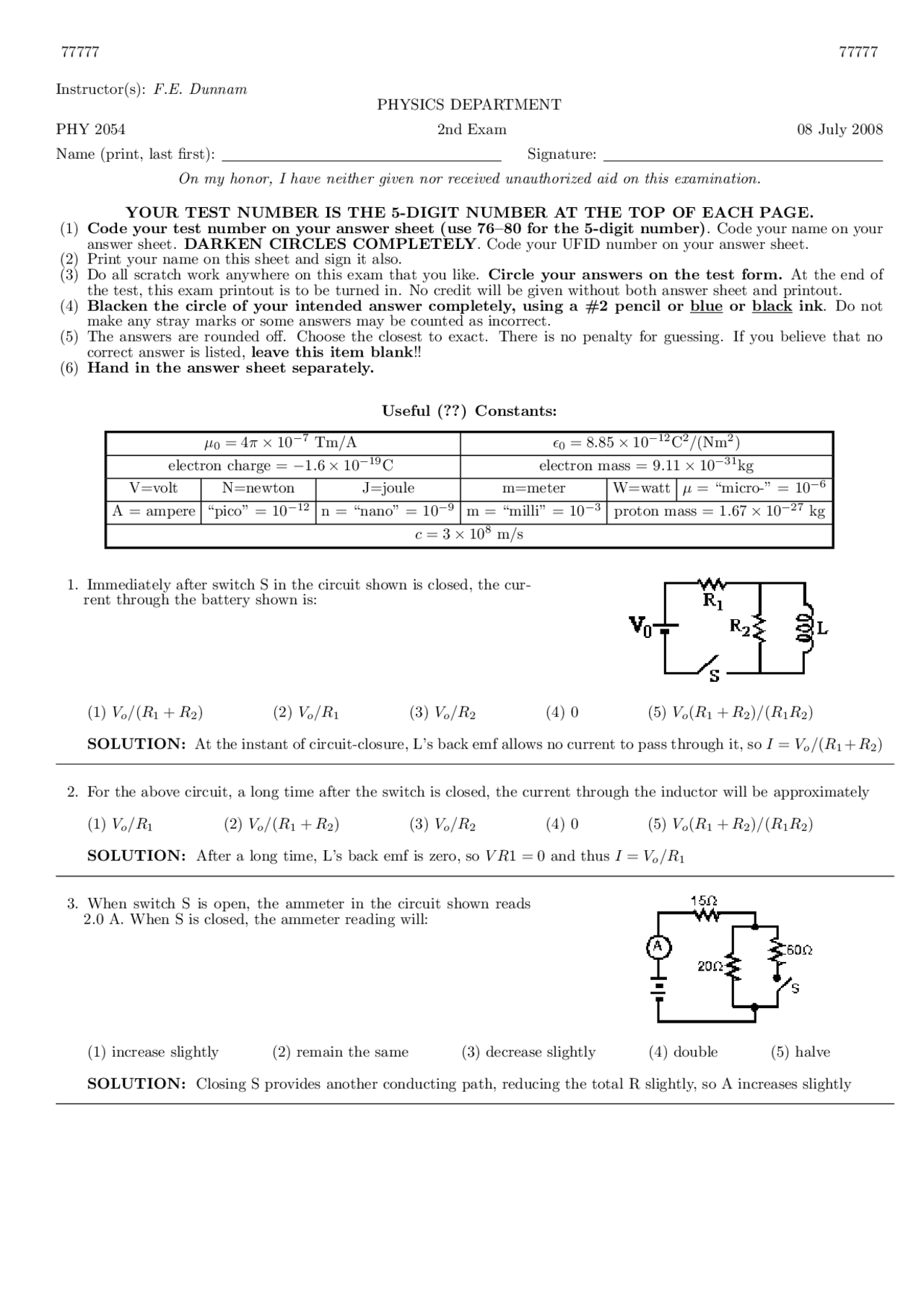 Exam 2 with Solutions | Physics II | PHY 2054 - Docsity