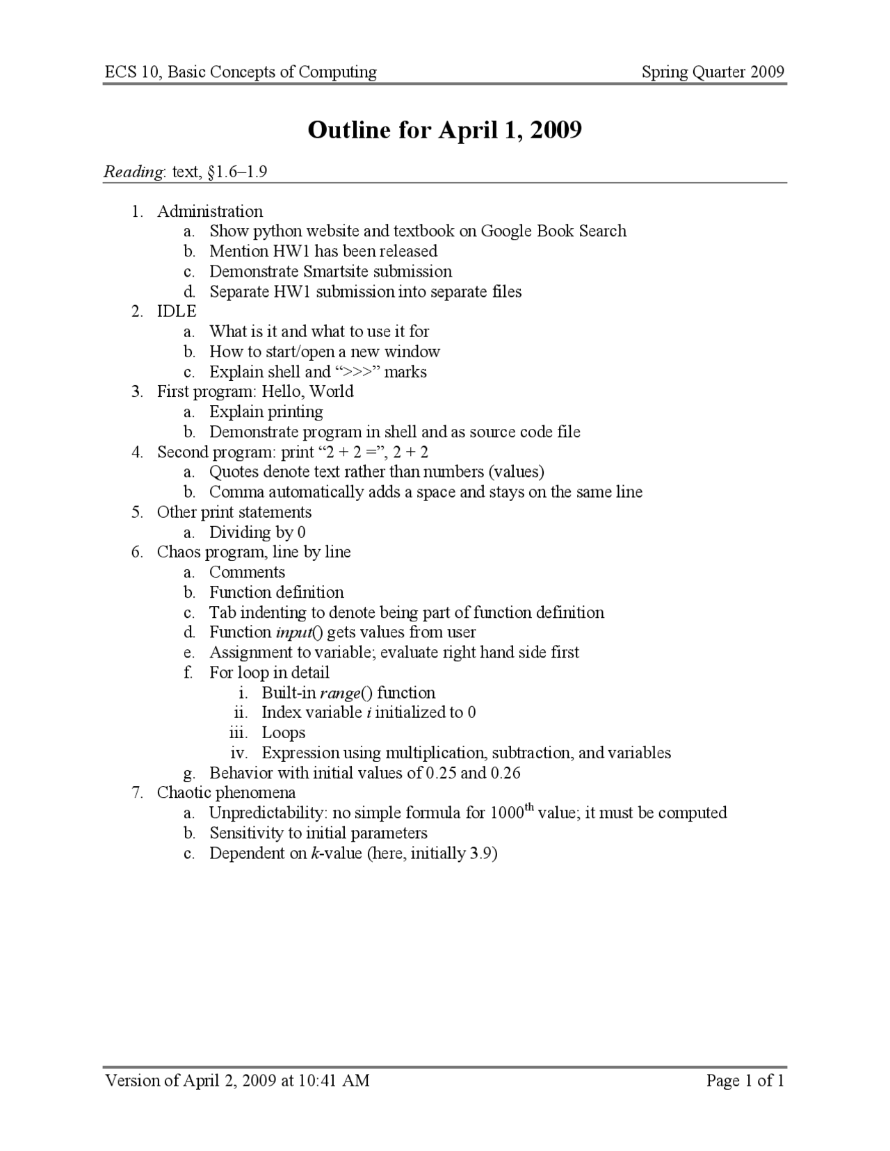 Outline Concepts Of Computing Fall 2009 Ecs 010 Docsity