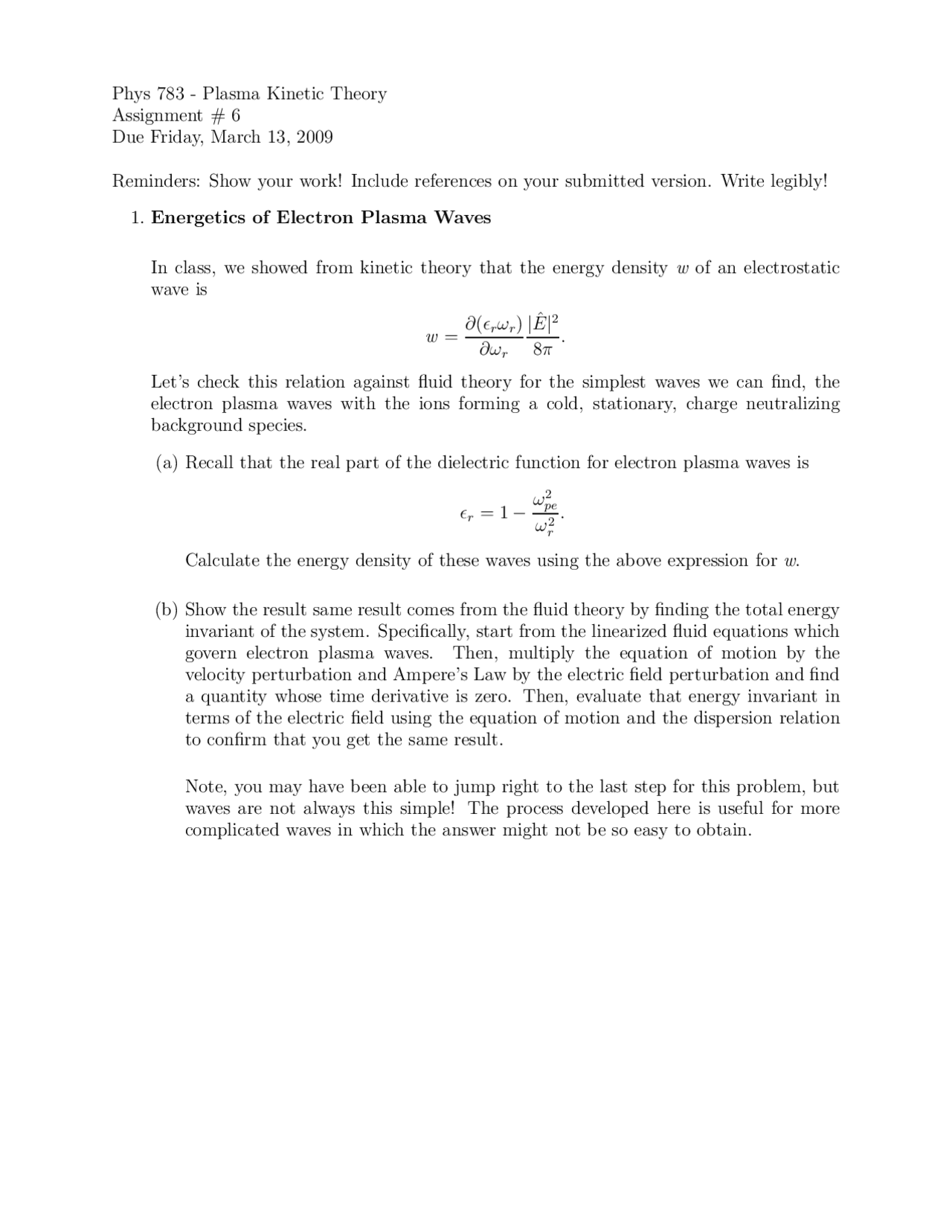 Plasma Kinetics Theory Assignment 6 Phys 783 Docsity