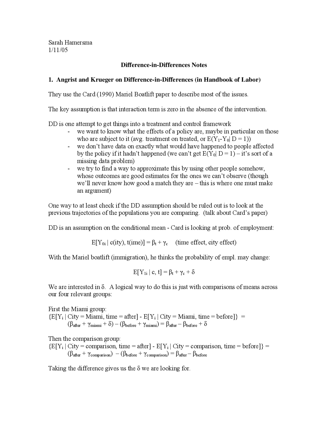 Notes On Difference In Differences Econometric Methods Ii Eco 7427