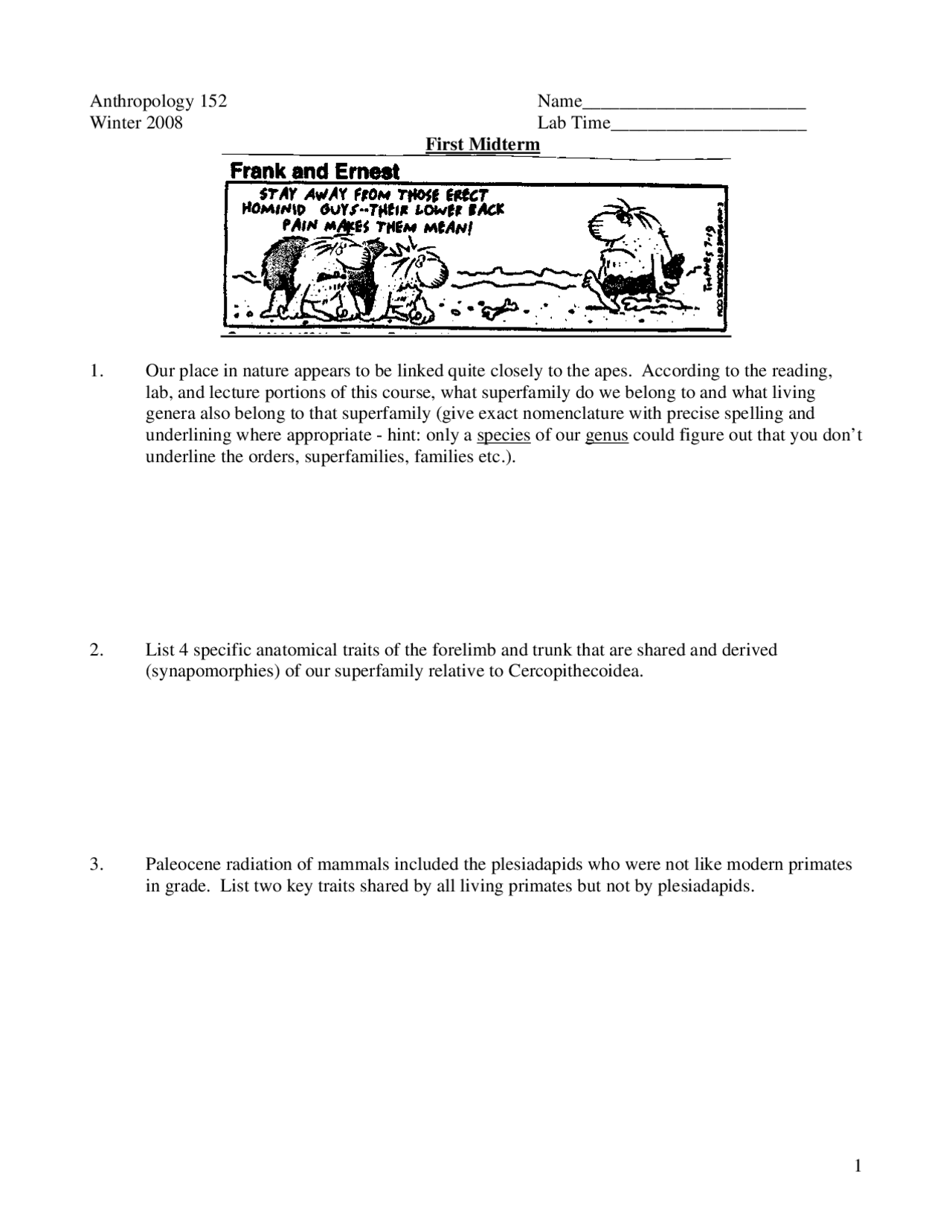 Midterm Exam 1 Human Evolution Ant 152 Exams Theory Of Evolution