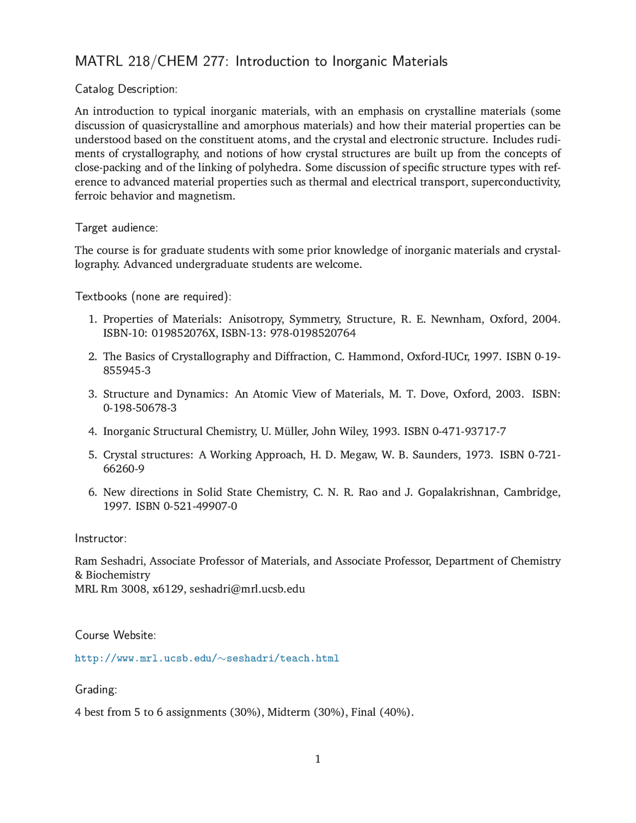 Introduction To Inorganic Materials Syllabus Outline Matrl 218