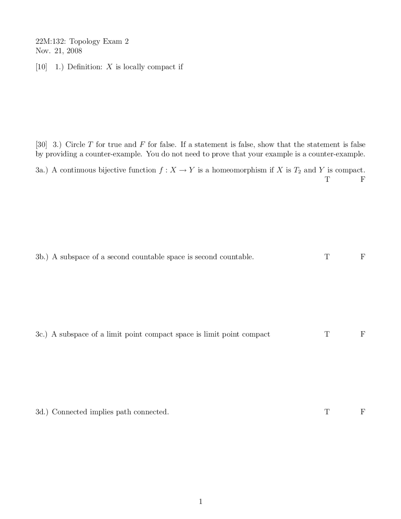 Topology Exam 2 - November 2008 - Prof. Isabel K. Darcy | Exams ...