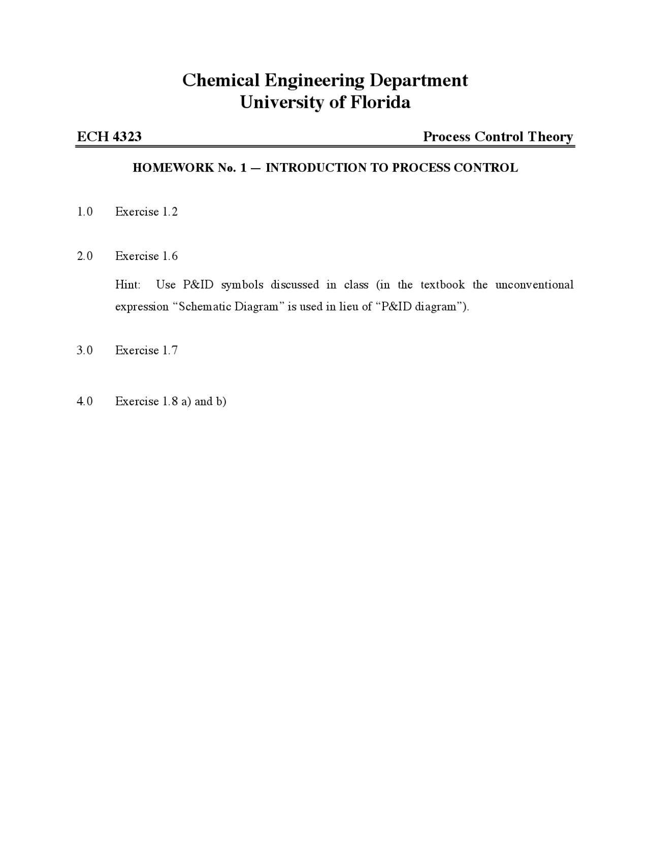 Exercise Questions For Homework I Process Control Theory Ech 4323