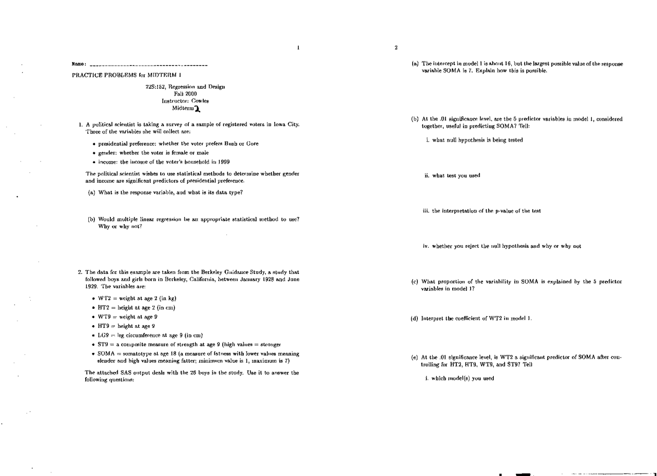 Practice Problem For Midterm Exam 1 Applied Linear Regression 22s