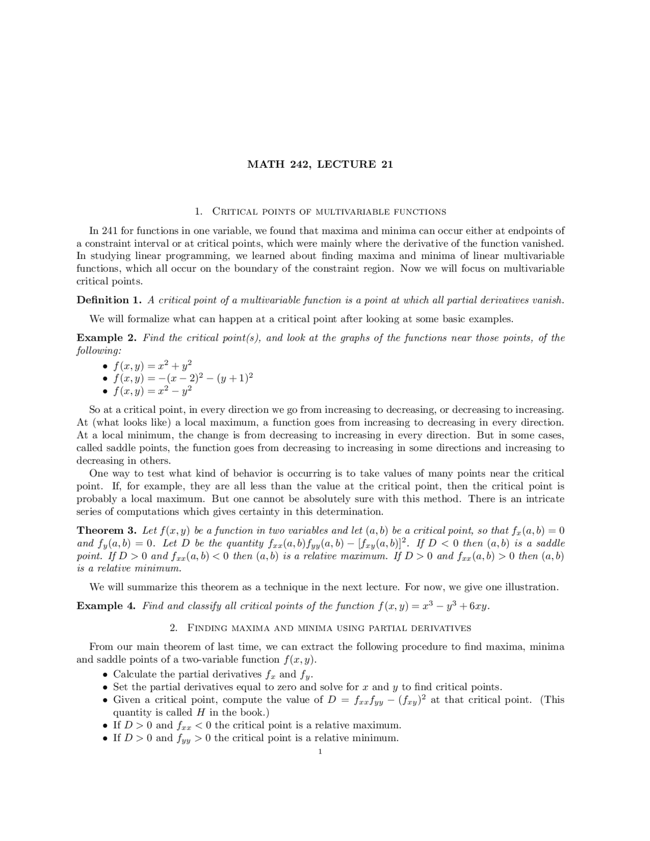 Critical Points of Multivariable Functions - Calculus | MATH 242 - Docsity