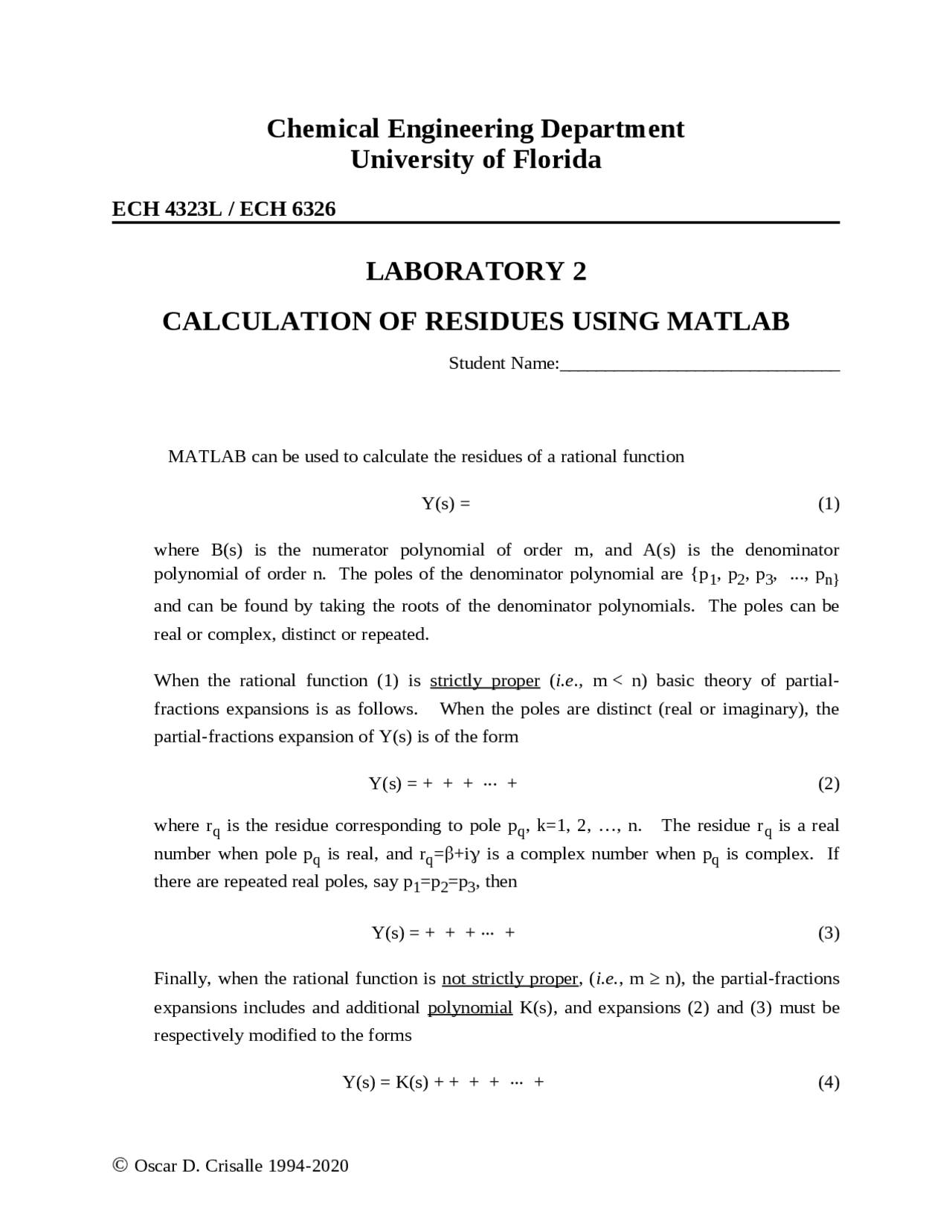 Calculation of Residues Using Matlab - Laboratory II | ECH 4323 - Docsity