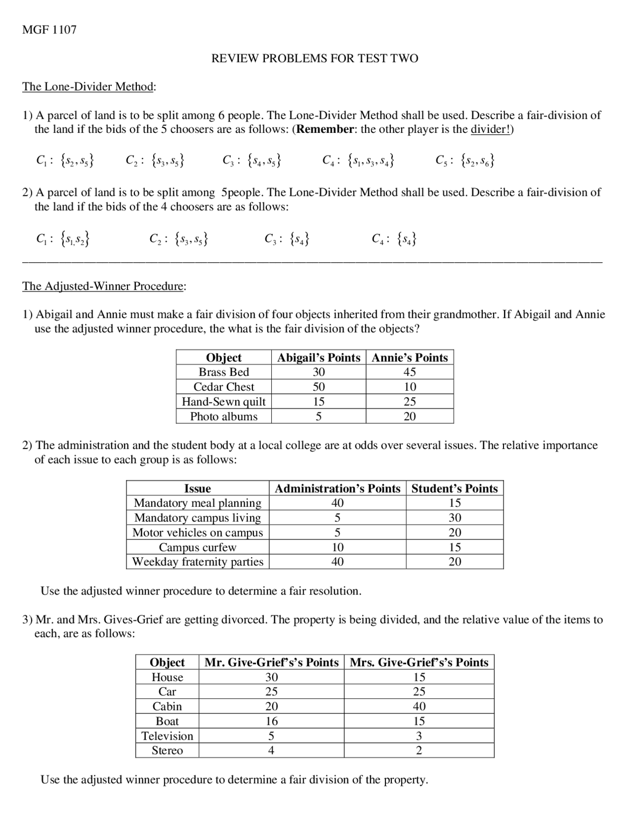 Review Problems for Exam 2 - Social Choice Mathematics | MGF 1107 ...