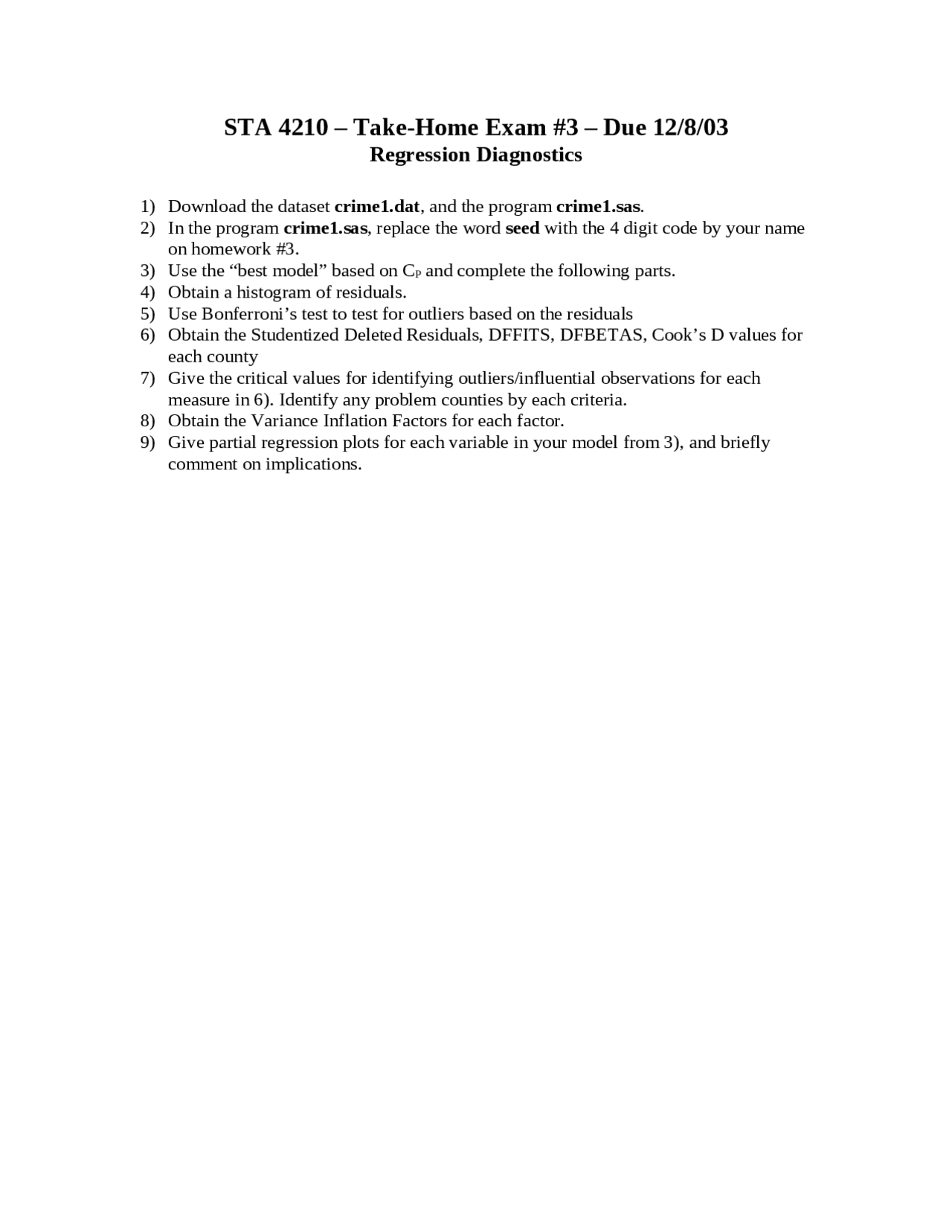 Take Home Exam 3 Regression Analysis Sta 4210 Docsity