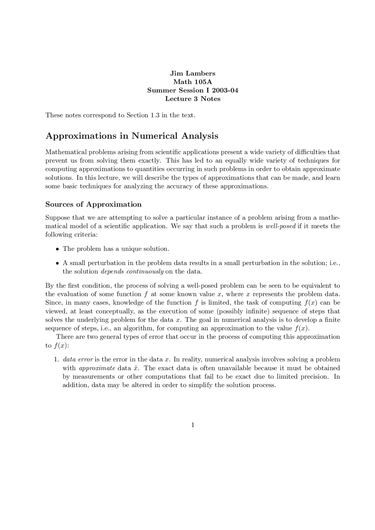 Approximations Basics Of Error Analysis Lecture Notes Math 105