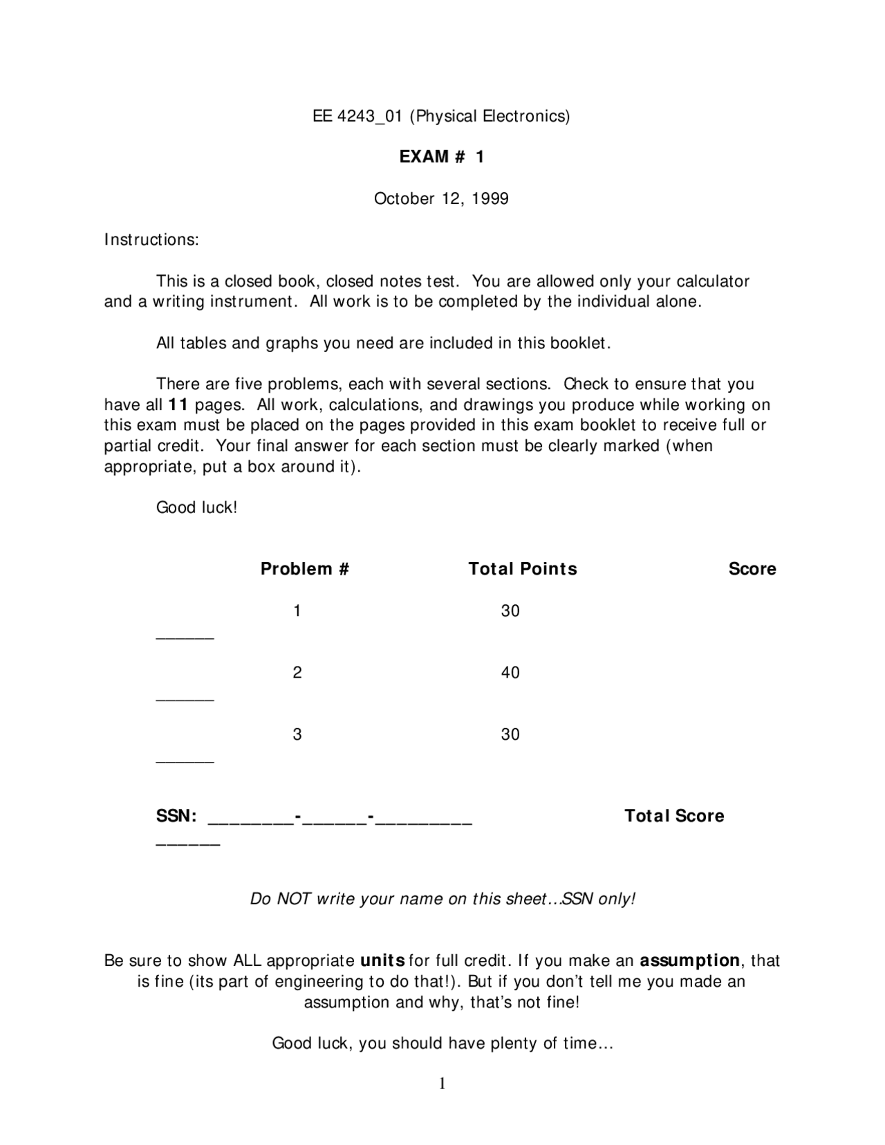 Exam 1 Physical Electronics Electronic Materials Eel 3394 Docsity