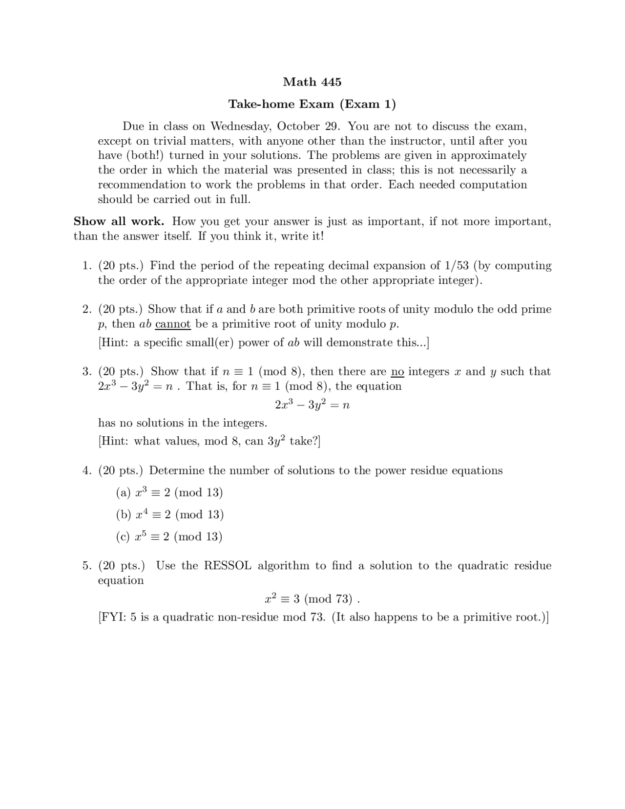 5 Questions for Exam 1 - Introduction to the Theory of Numbers | MATH ...