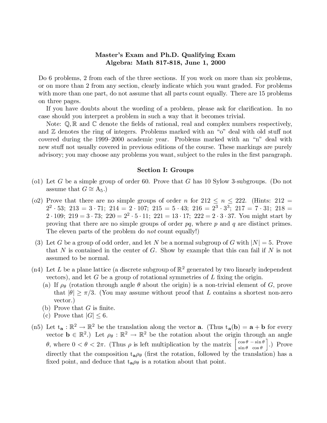 Qualifying Exam Introduction To Modern Algebra I Fall 2000 Math