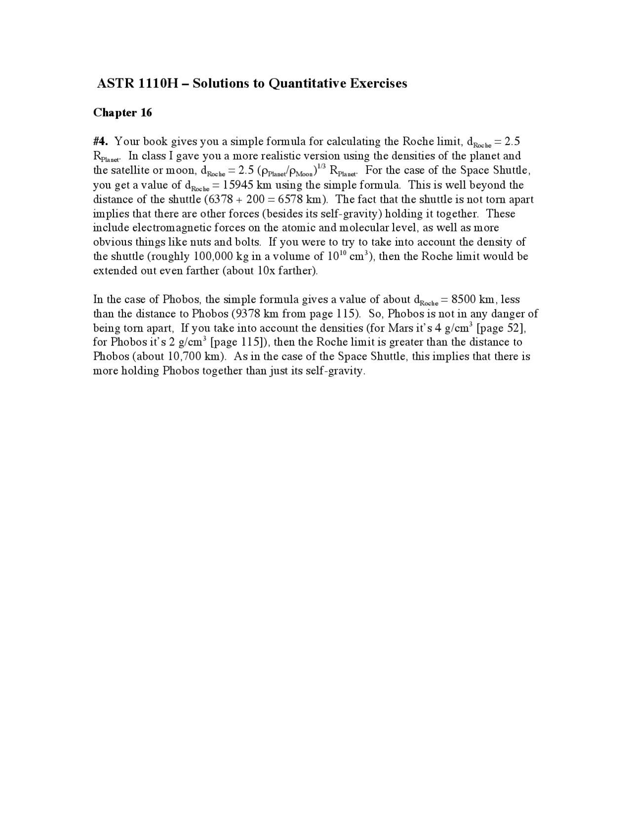 Solution To Quantitative Exercises Introduction To Astronomy Astr 1110h Assignments