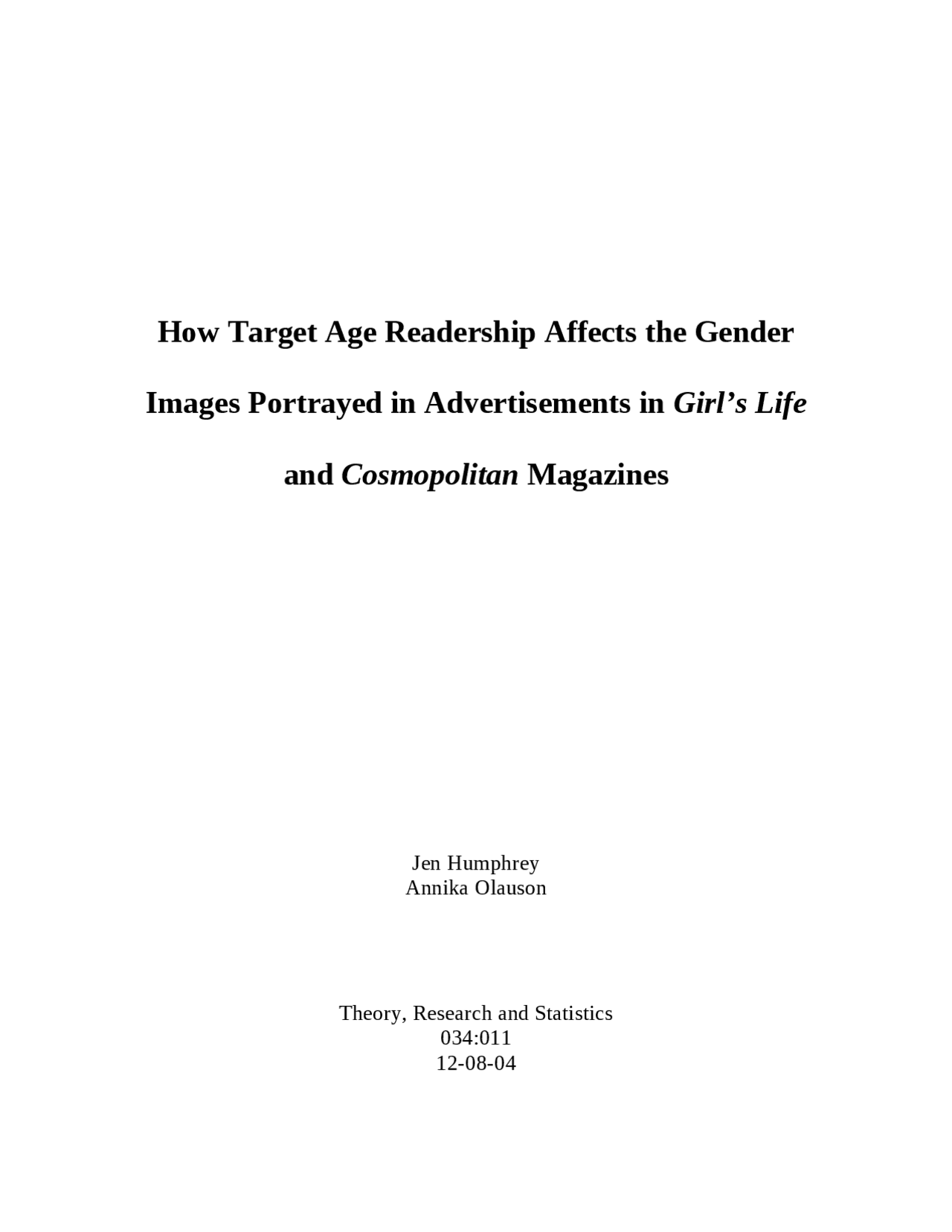 How Target Age Readership Affects The Gender? | 034 011 - Docsity